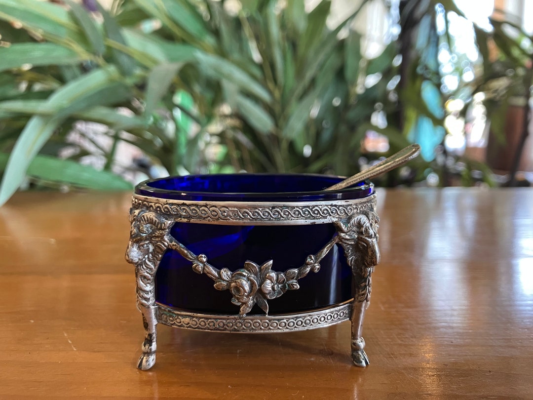 Vintage Salt Cellar With Rams and Blue Cobalt Insert, Spoon Included - Etsy