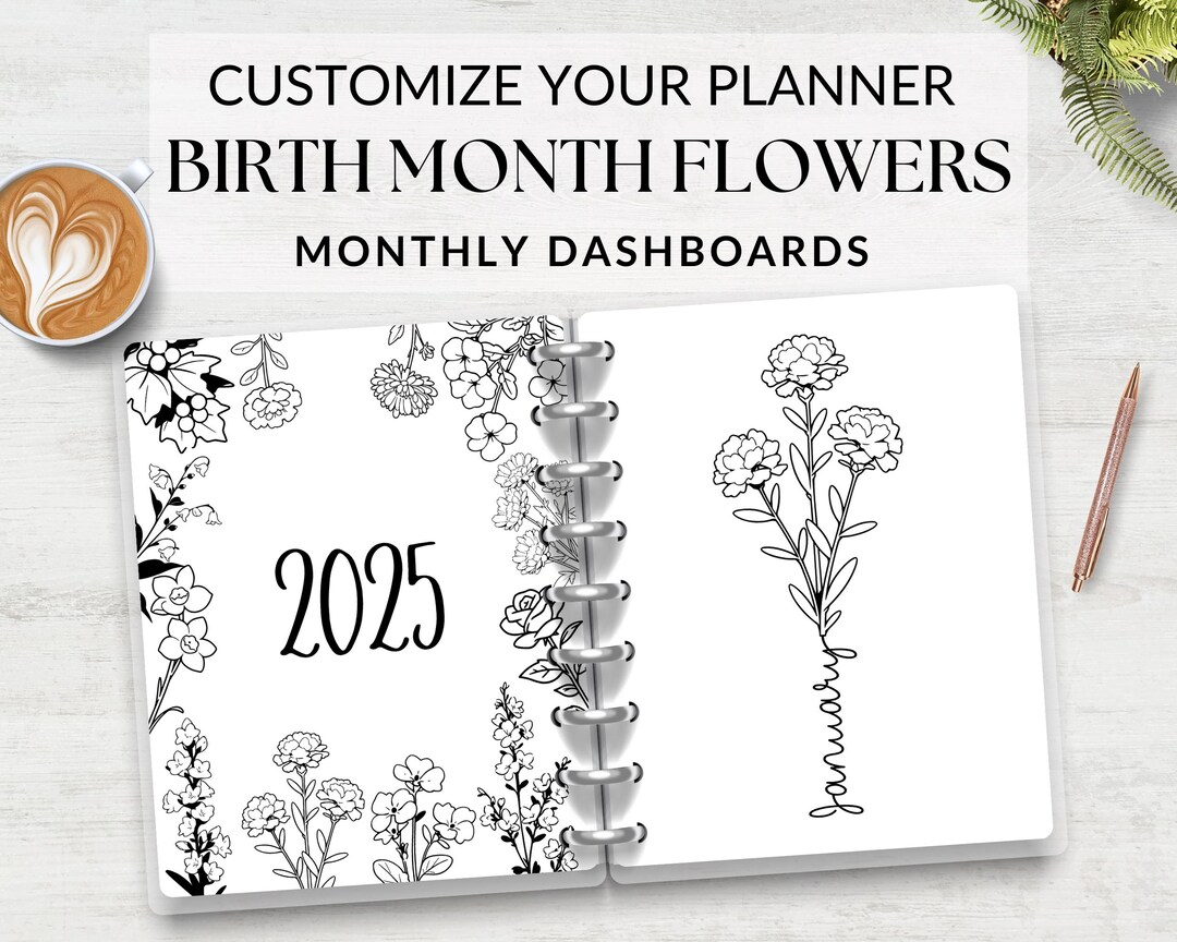 Monthly Dashboards, Printable for Planner With Birth Month Flowers ...