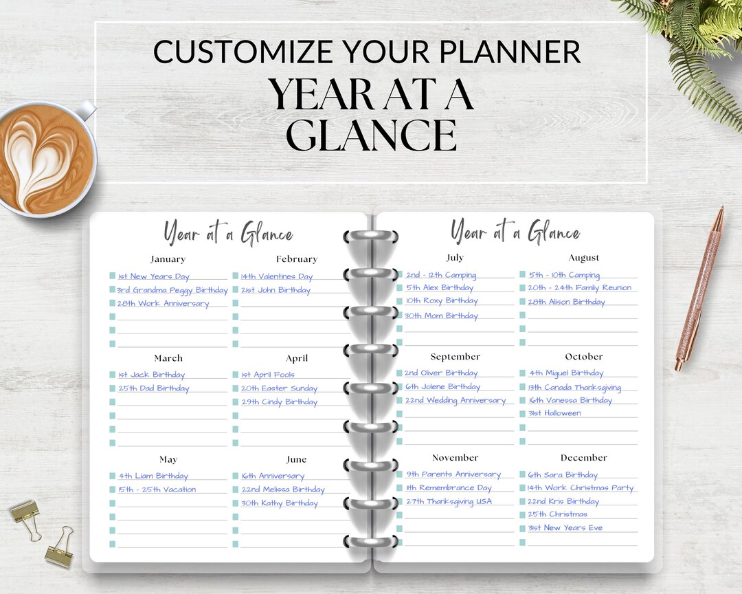 Year at a Glance Printable Planner Pages, Monthly Journal, Birthday ...