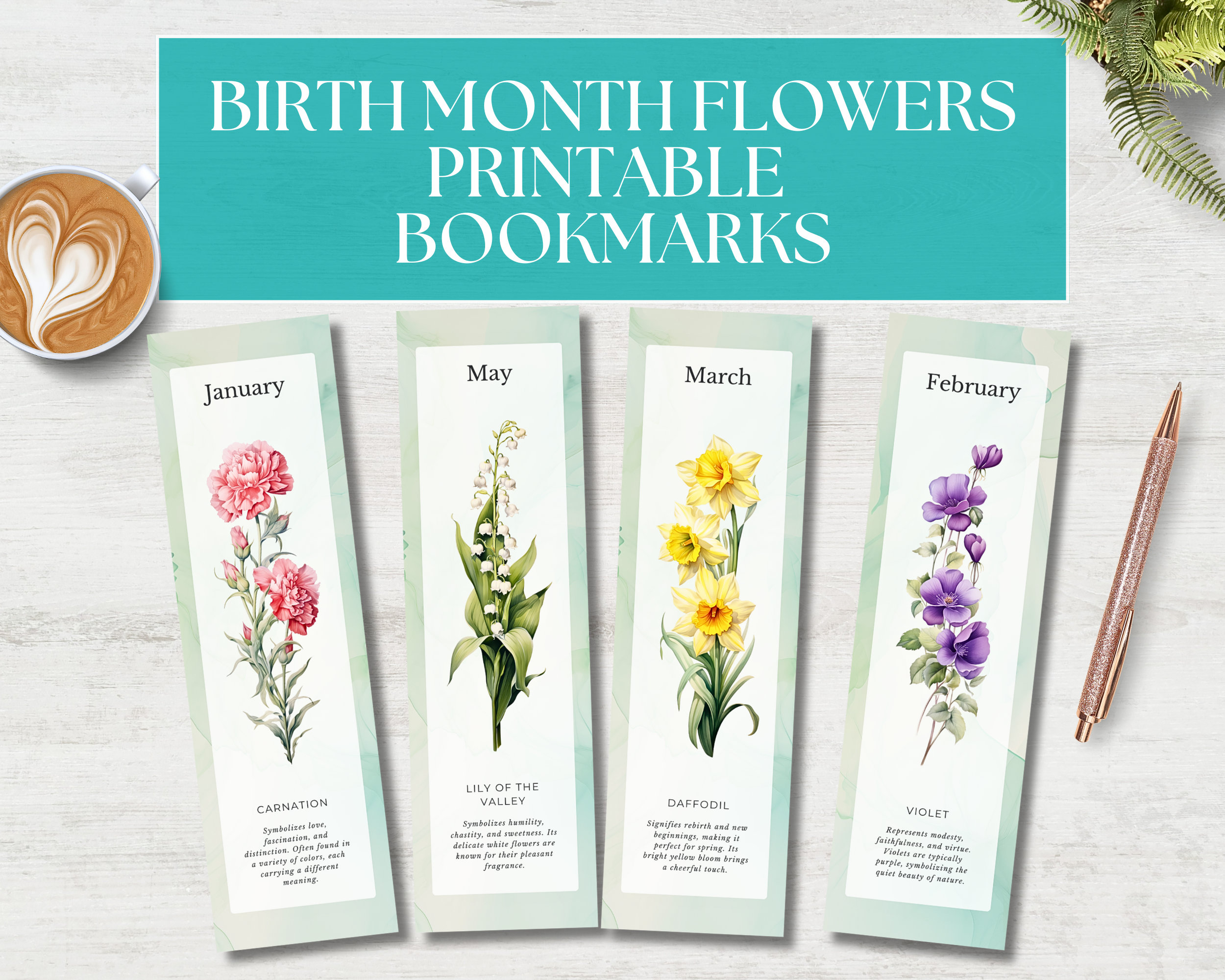 12 Printable Bookmarks Birth Month Flowers for Bookworms, Digital ...