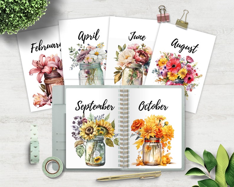 Mason Jar Flowers Monthly Dashboards Printable for Planner Monthly ...