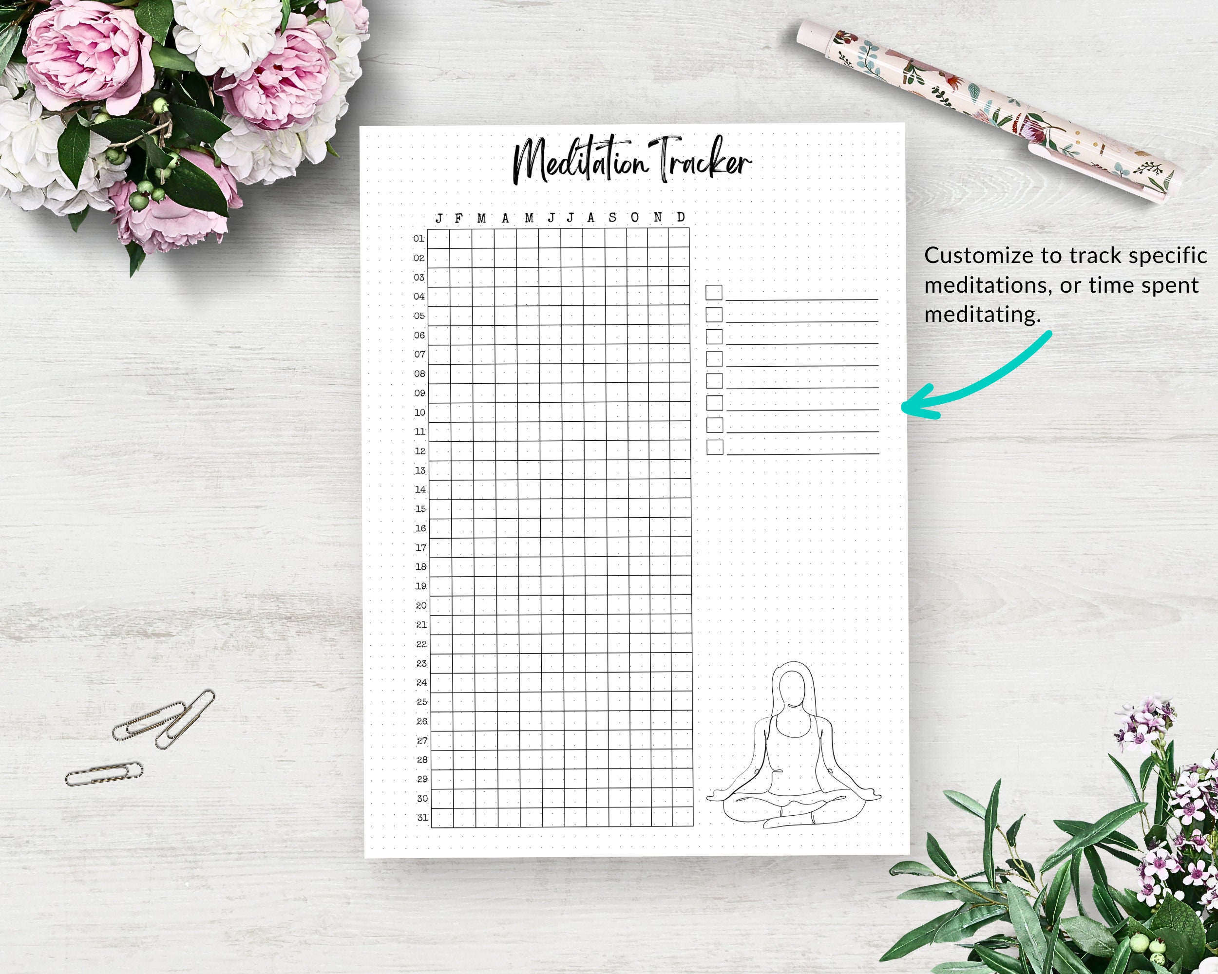 Meditation Tracker Printable, A5 & Letter Journal Page, Simple ...
