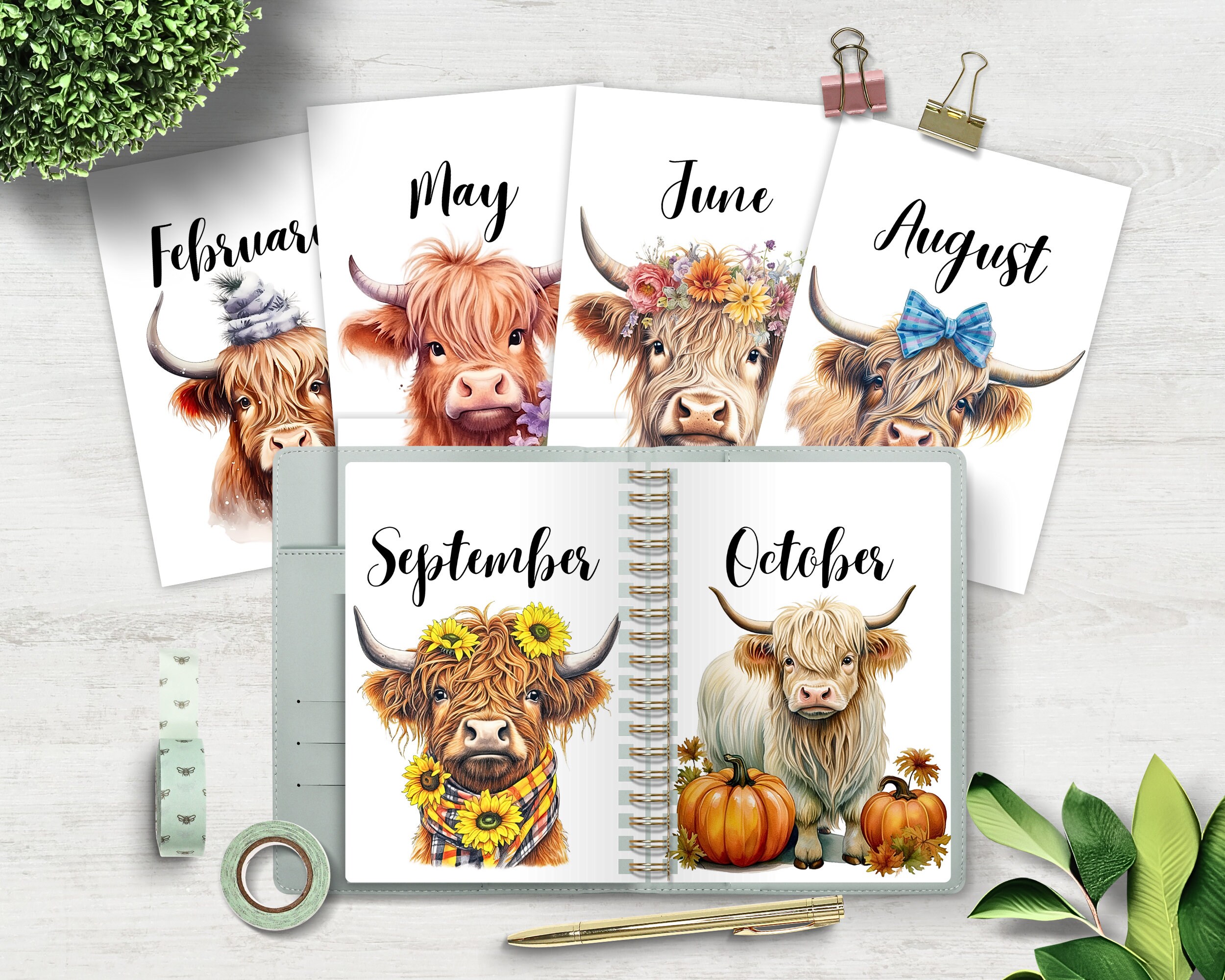 Highland Cows Monthly Dividers, Printable for Planner, Monthly ...