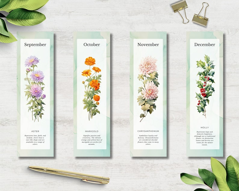 12 Printable Bookmarks Birth Month Flowers for Bookworms, Digital ...