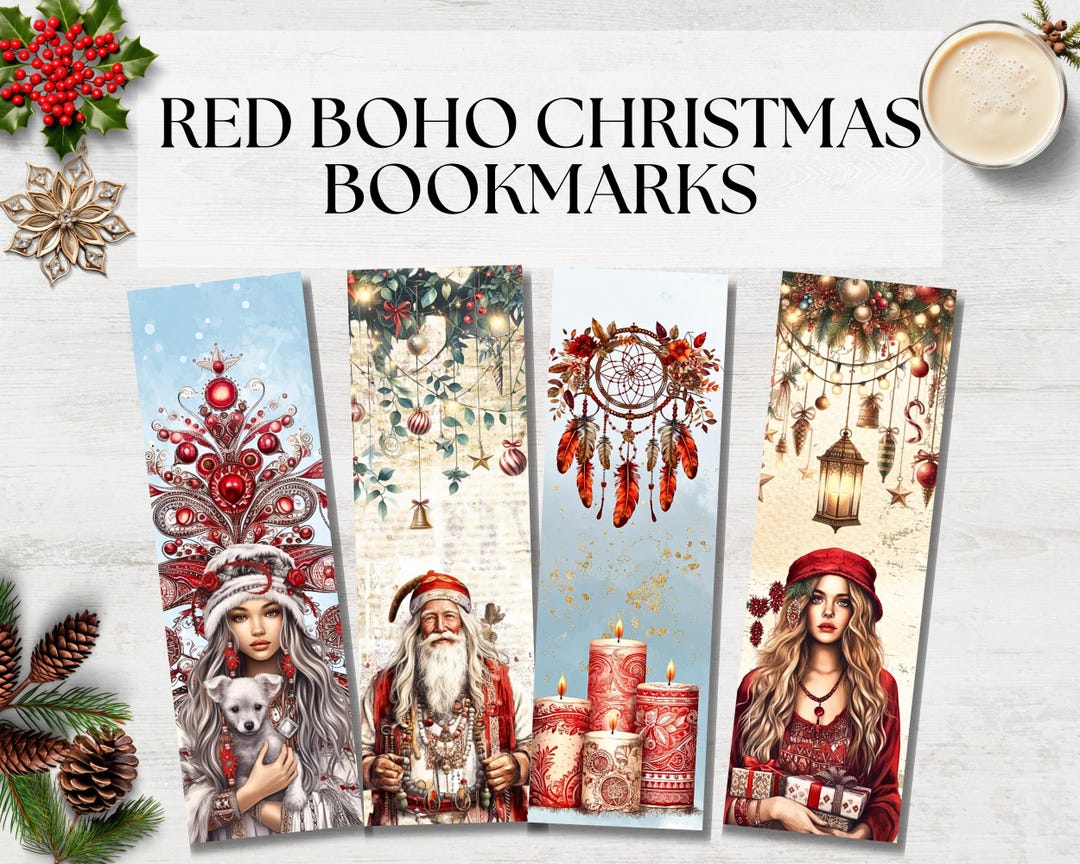 Printable Bookmarks Red Boho Christmas for Bookworms, Digital Printable ...