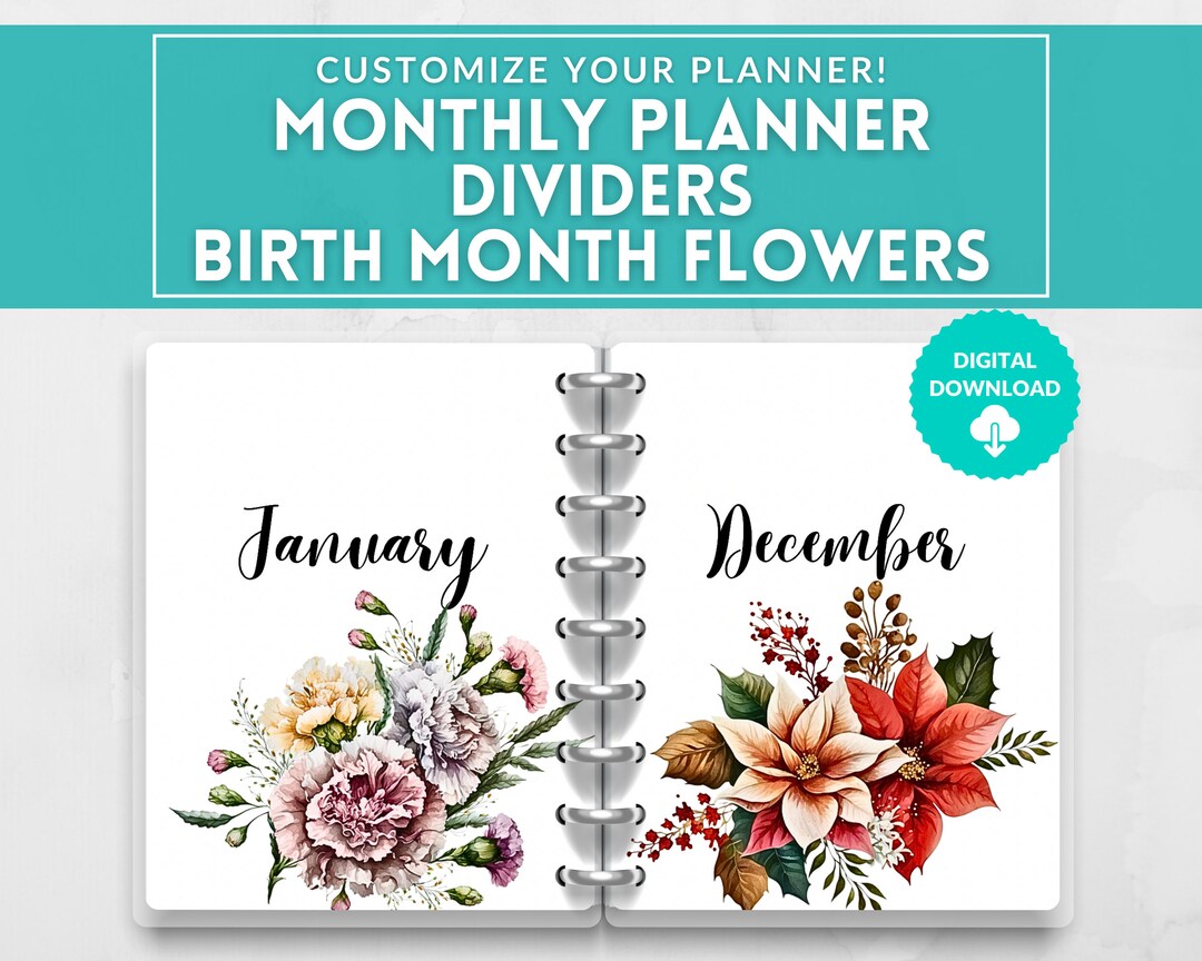Monthly Dashboards, Printable for Planner With Birth Month Flowers ...