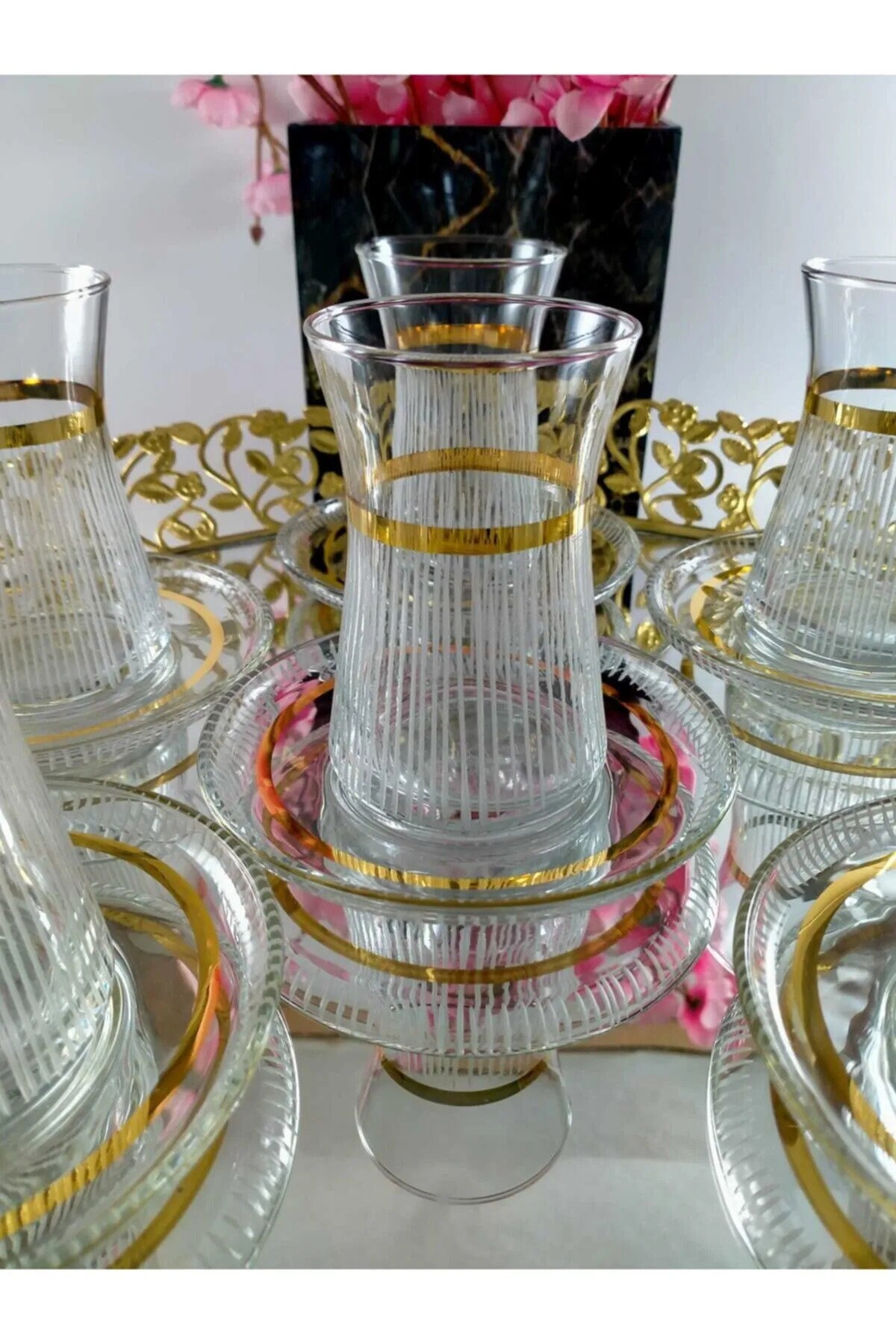 Handmade Turkish Tea Set, Tea Cups and Saurcers, Gold Rim, Gold Gilded ...