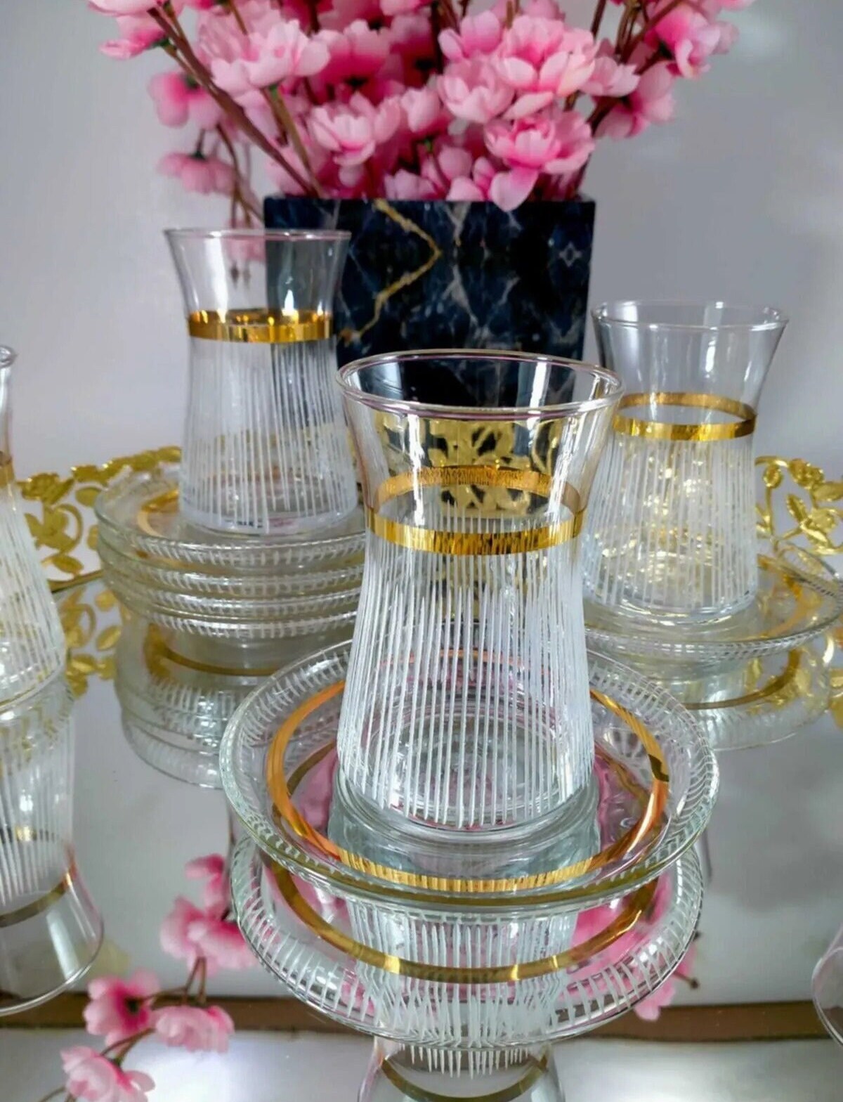 Handmade Turkish Tea Set, Tea Cups and Saurcers, Gold Rim, Gold Gilded ...