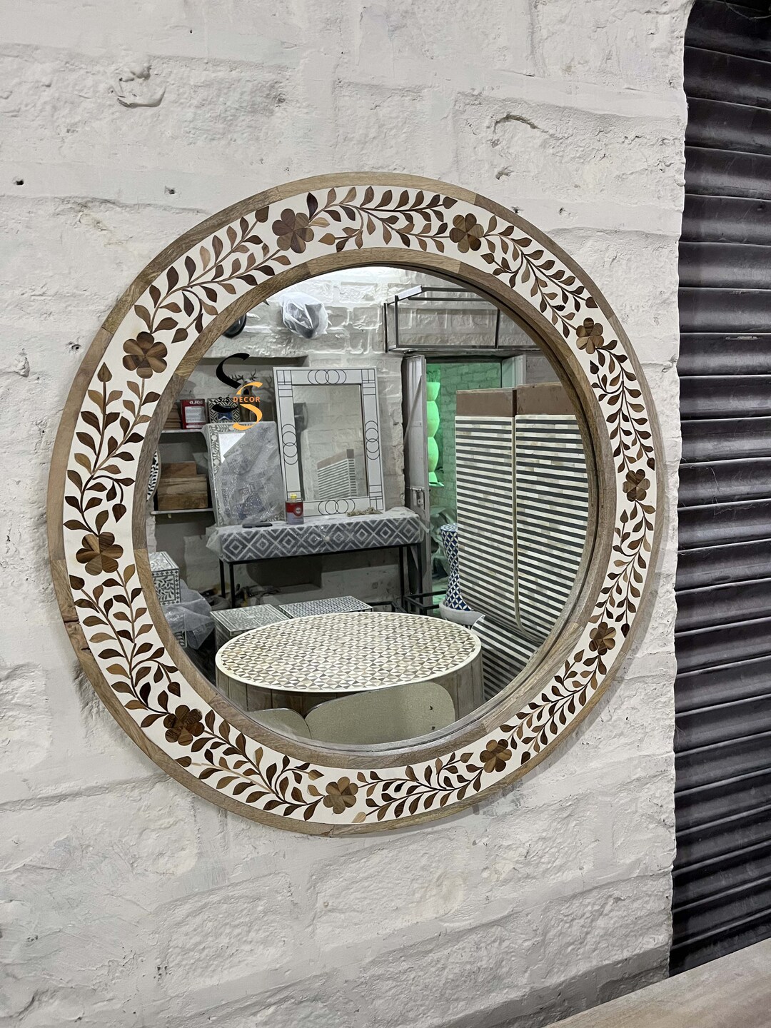 Wooden Bone Inlay Round Wall Hanging Mirror With Glass,home Decor Inlay ...