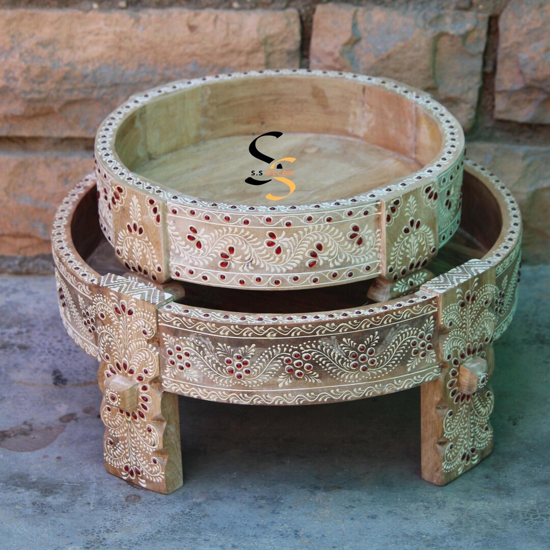 Wooden Round Chakki Table of Coffee Table Set of 2 ,mango Wood Painted ...