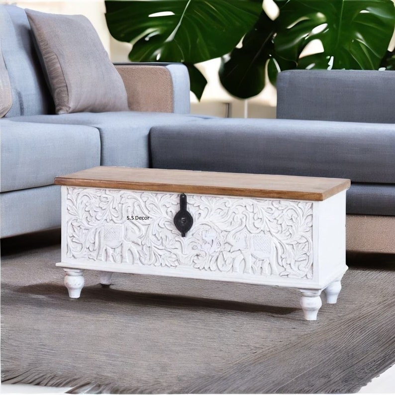 Wooden Trunk Box White Color Polished,home Decor Carved Storage Box ...