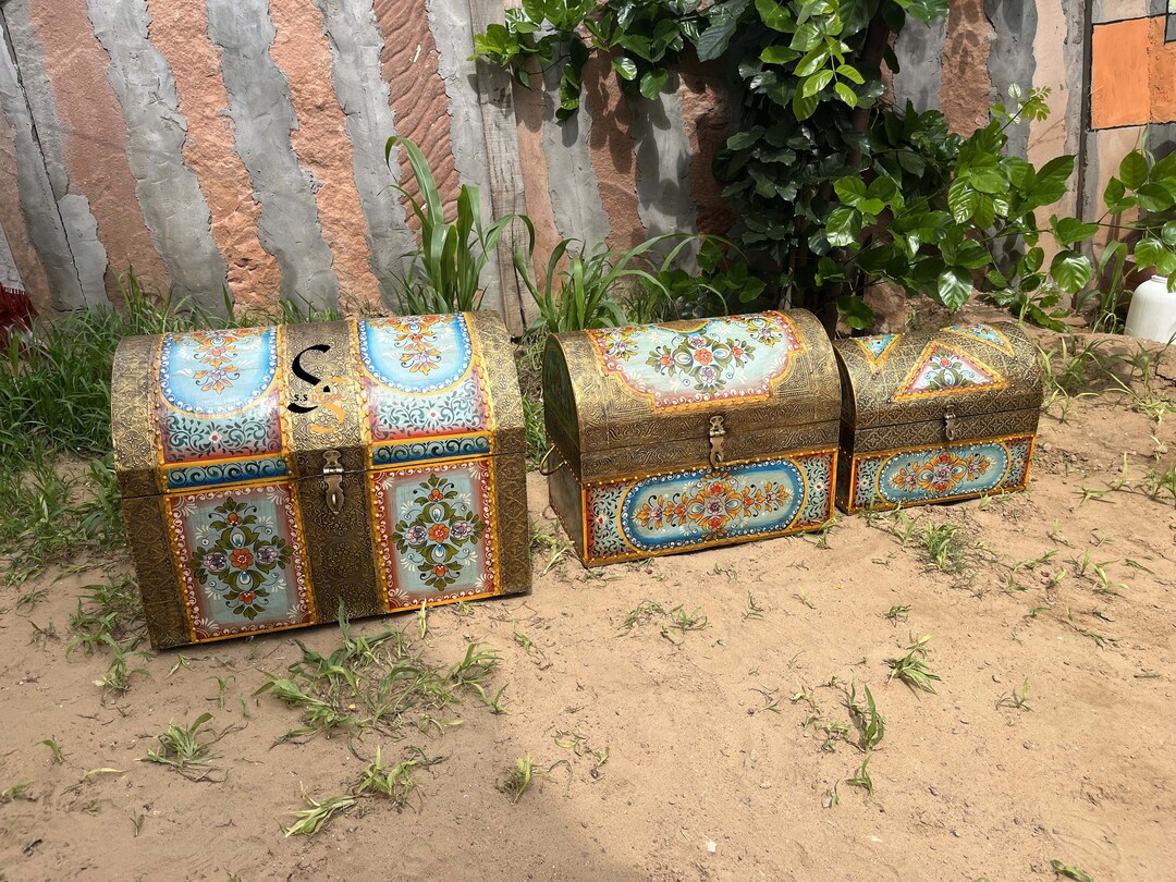 Wooden Solid Wood Beautiful Painted and Brass Fitted Trunk Box Set of 3 ...