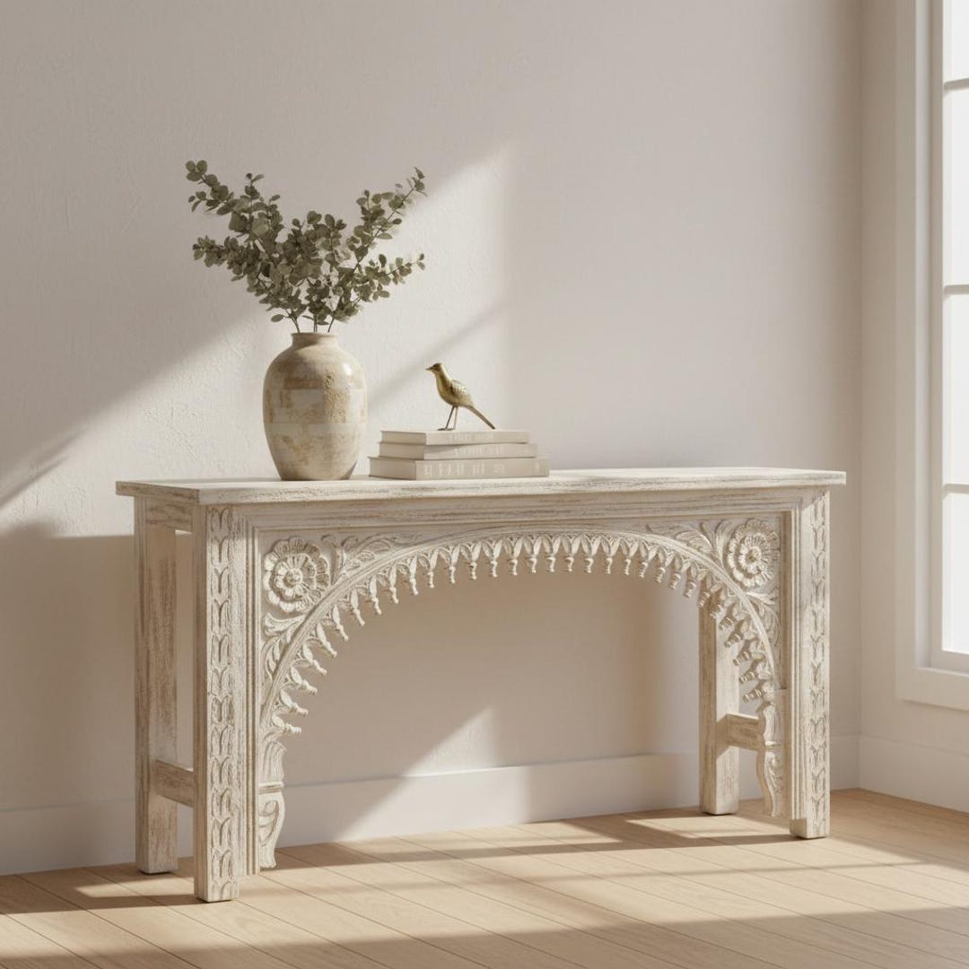 Mango Wood Carved Console Table, White Distressed Boho Chic Bench - Etsy