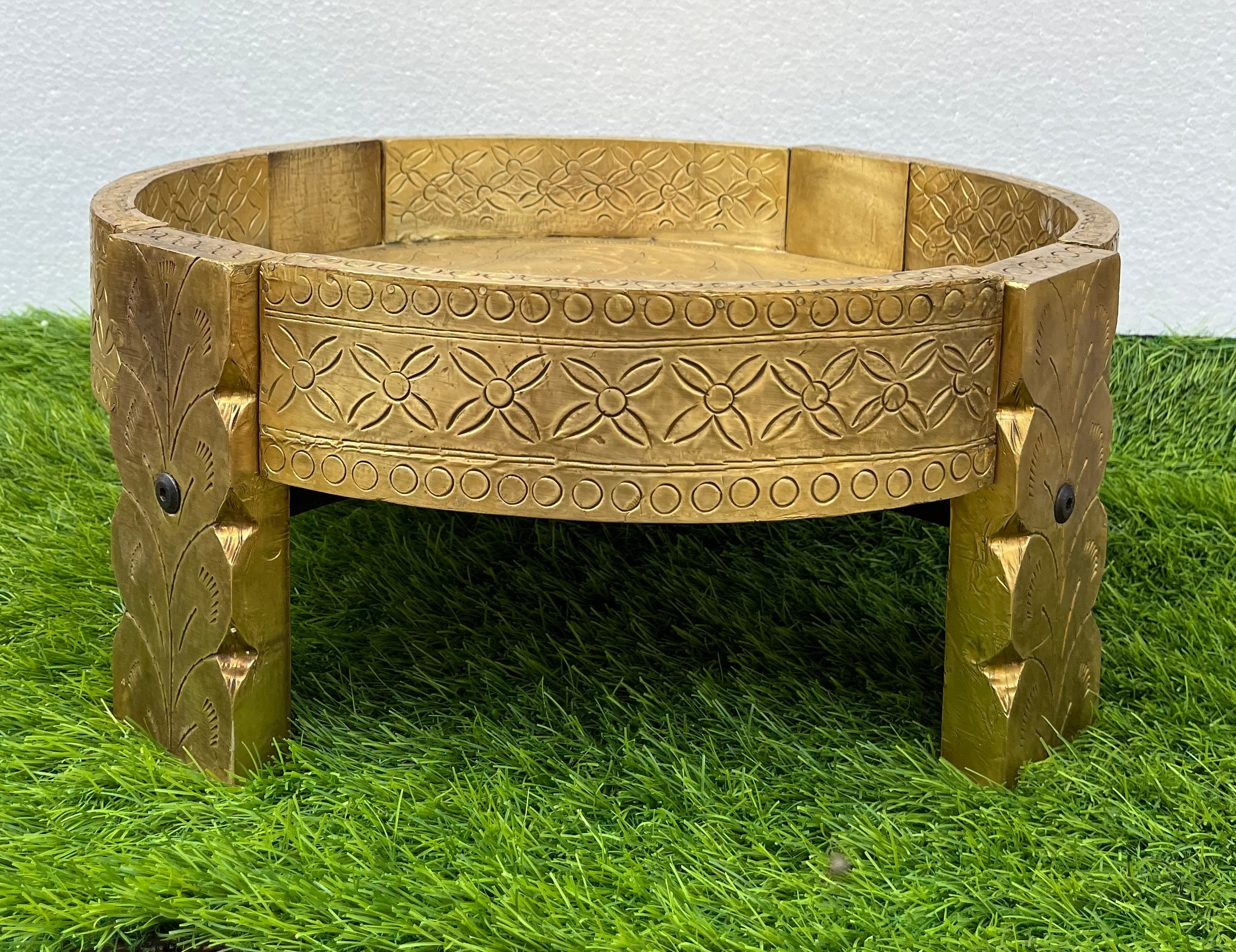 Wooden Round Full Brass Fitted With Parching Coffee Table, Indian ...