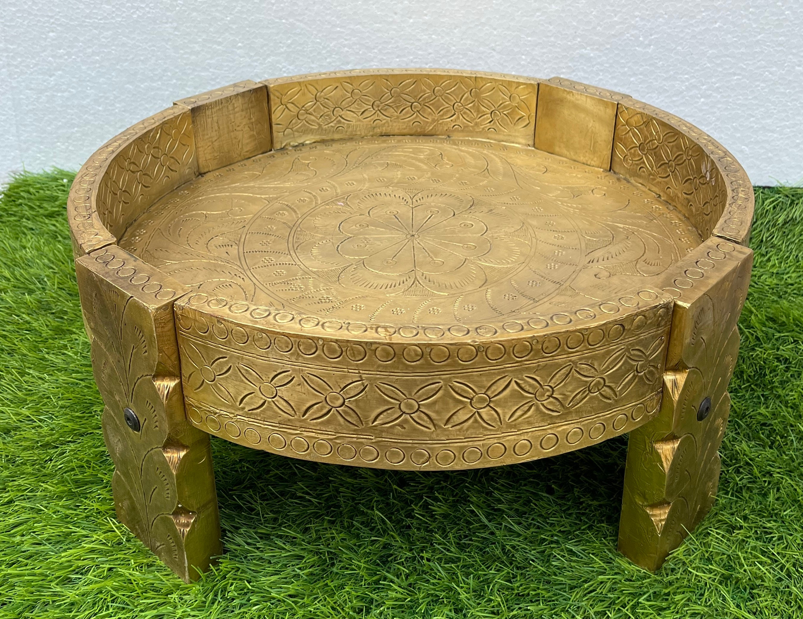 Wooden Round Full Brass Fitted With Parching Coffee Table, Indian ...
