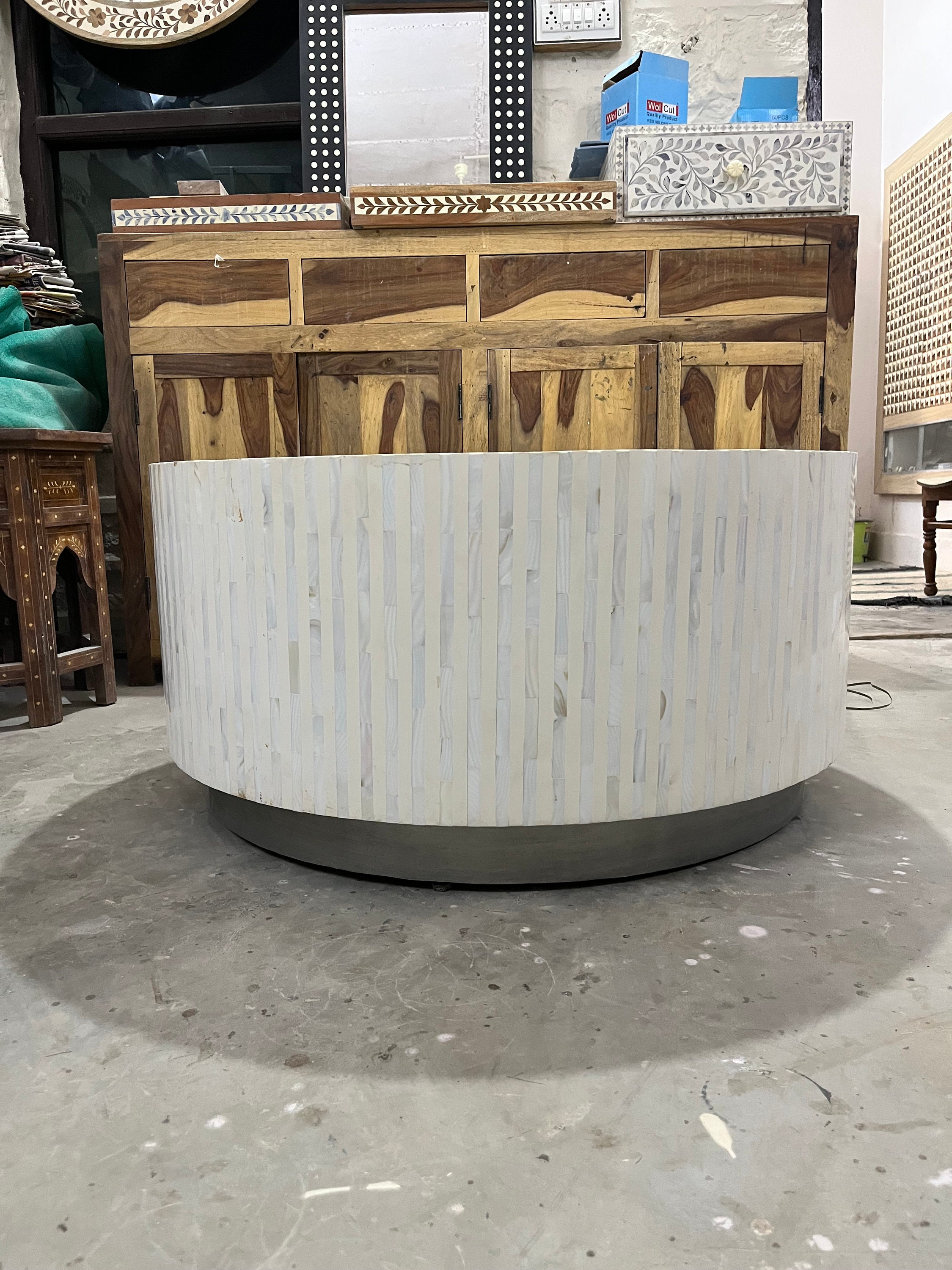 Wooden Bone Inlay Round Coffee Table,bone Inlay Cocktail Table,white ...