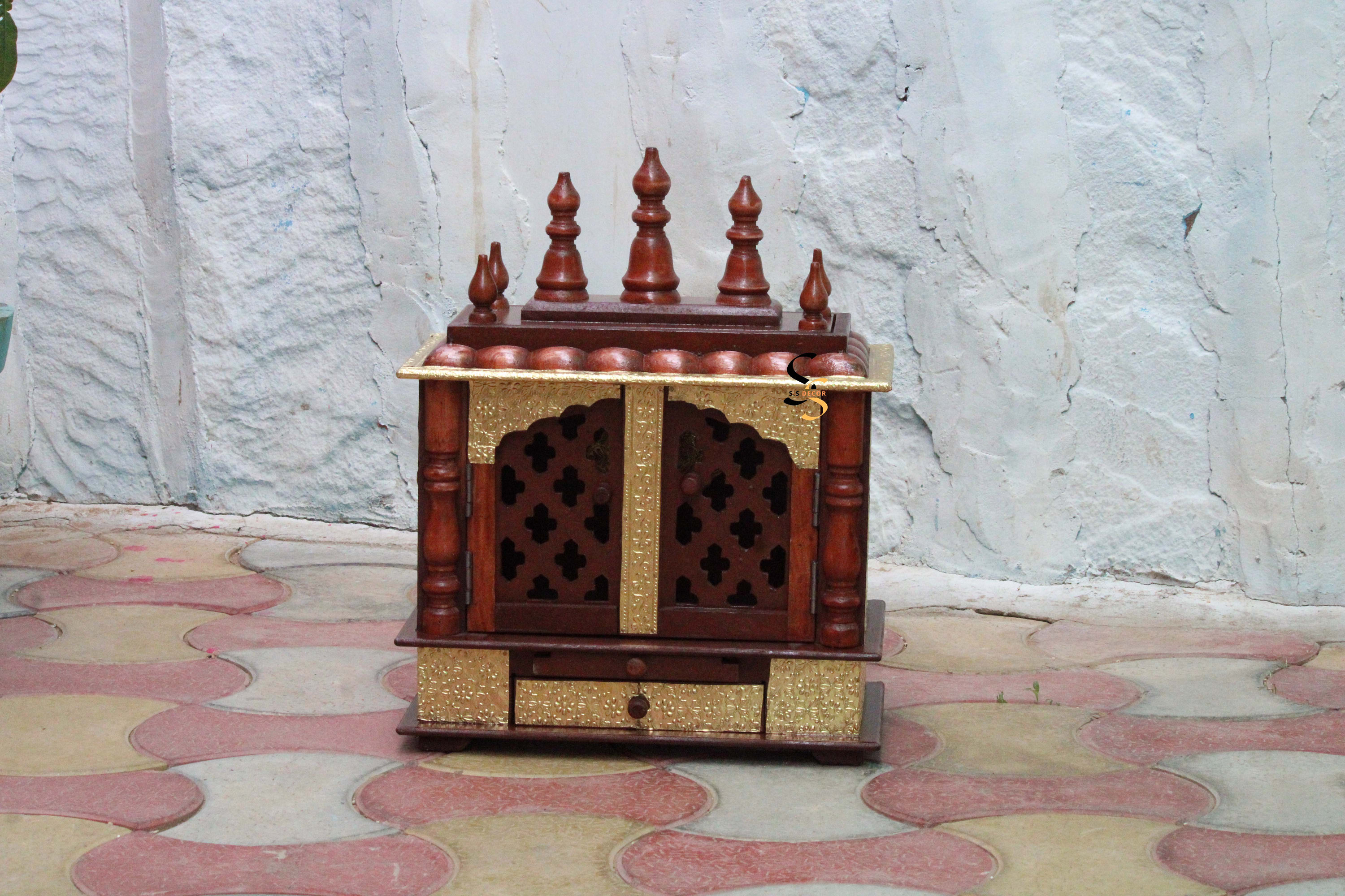 Solid Wood Pooja Mandir, Wooden Poojatemple With Drawers New Designe ...