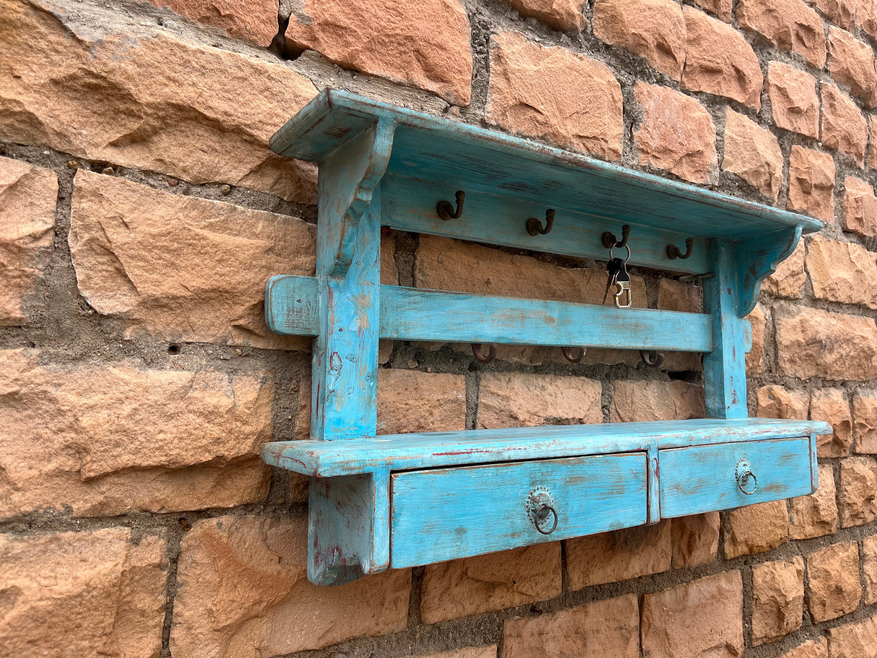 Wooden Solid Wood Blue Color Wall Hanging Key Holder and Chest - Etsy