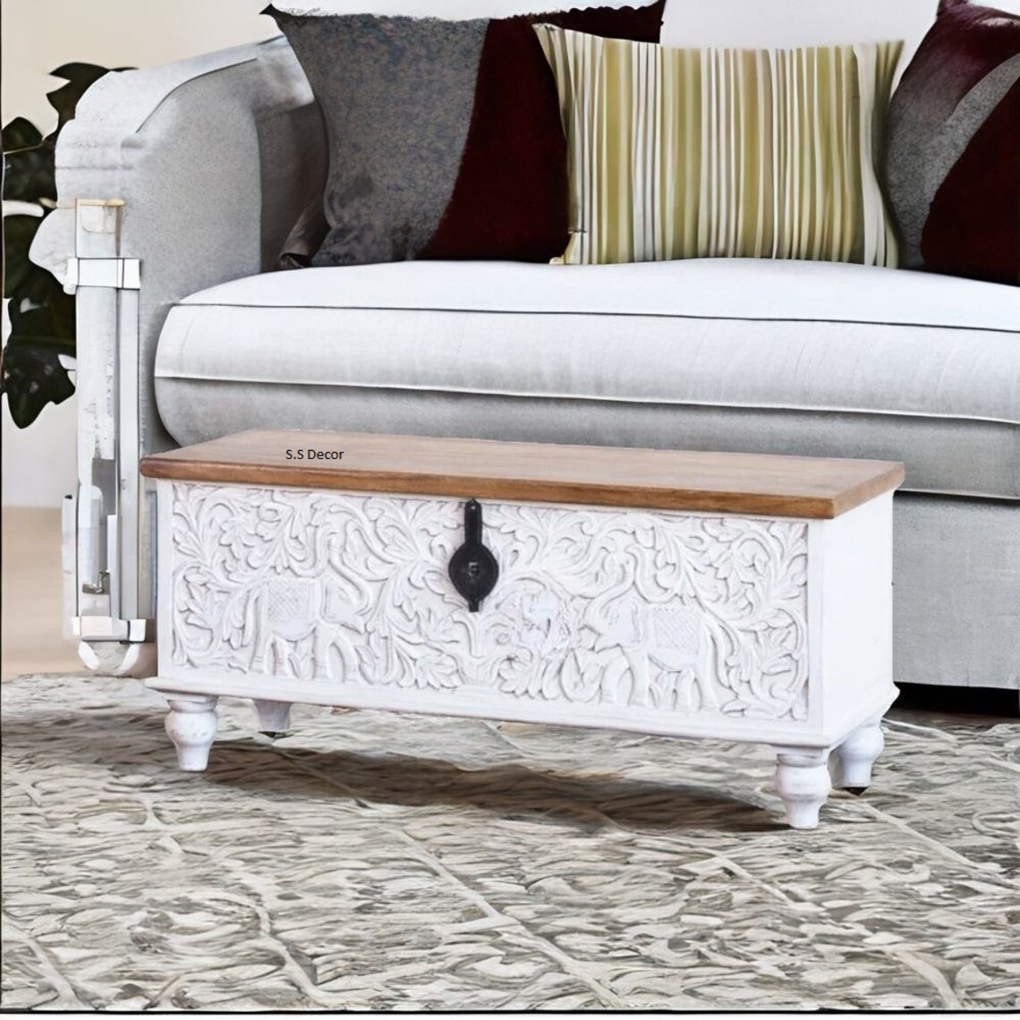 Wooden Trunk Box White Color Polished,home Decor Carved Storage Box ...
