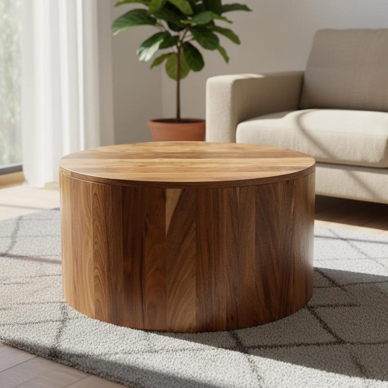 Sheesham Wood Drum Coffee Table, Natural Boho Accent Table - Etsy