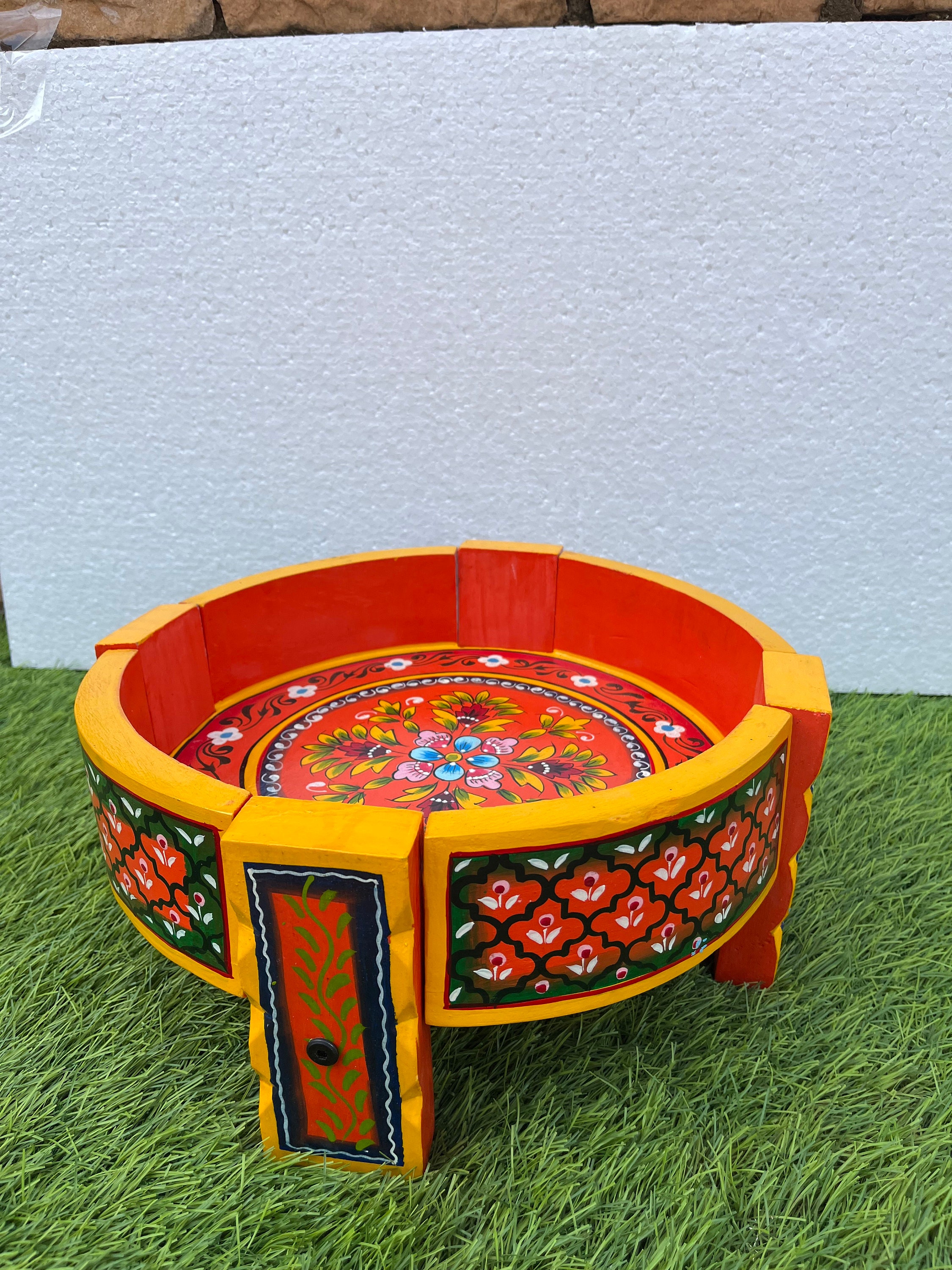 Wooden Round Painted Orange Color Chakki Tableindian Coffee - Etsy