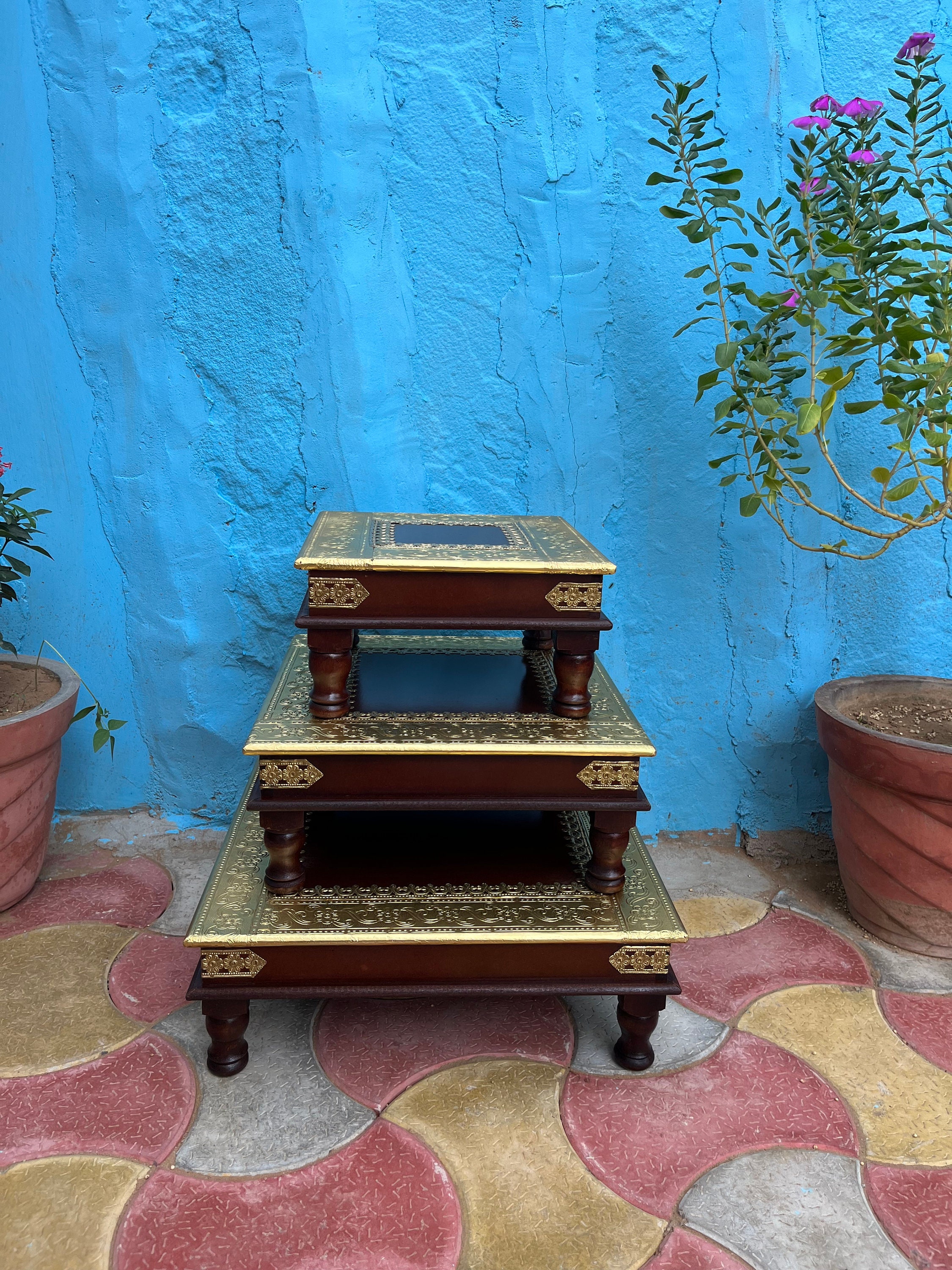 Wooden Bajot Table Indian Solid Wood Chokki Table Set of 3 - Etsy