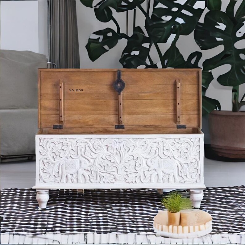 Wooden Trunk Box White Color Polished,home Decor Carved Storage Box ...