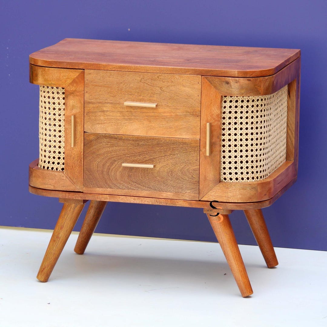 Rattan Woven Wooden Side Table, Indian Boho Rattan Cabinet, Handcrafted ...