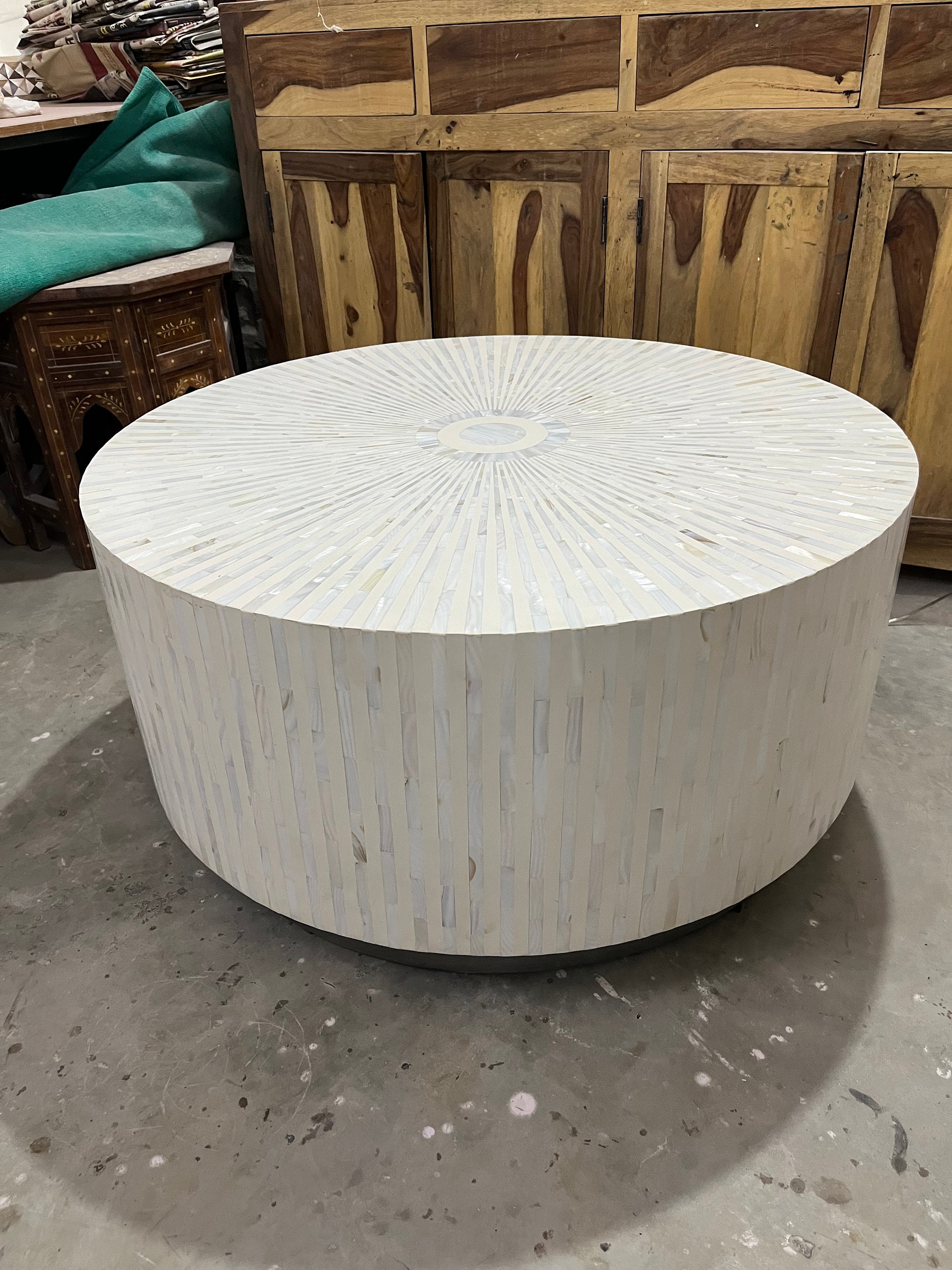 Wooden Bone Inlay Round Coffee Table,bone Inlay Cocktail Table,white ...