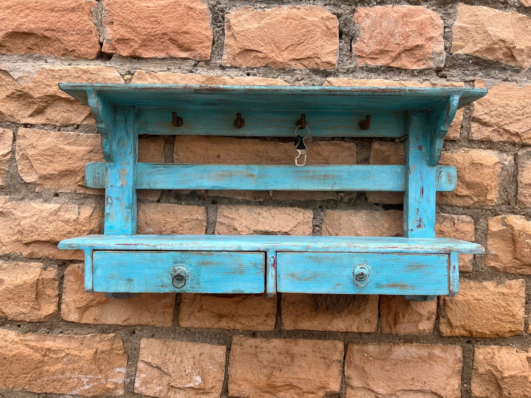 Wooden Solid Wood Blue Color Wall Hanging Key Holder and Chest - Etsy
