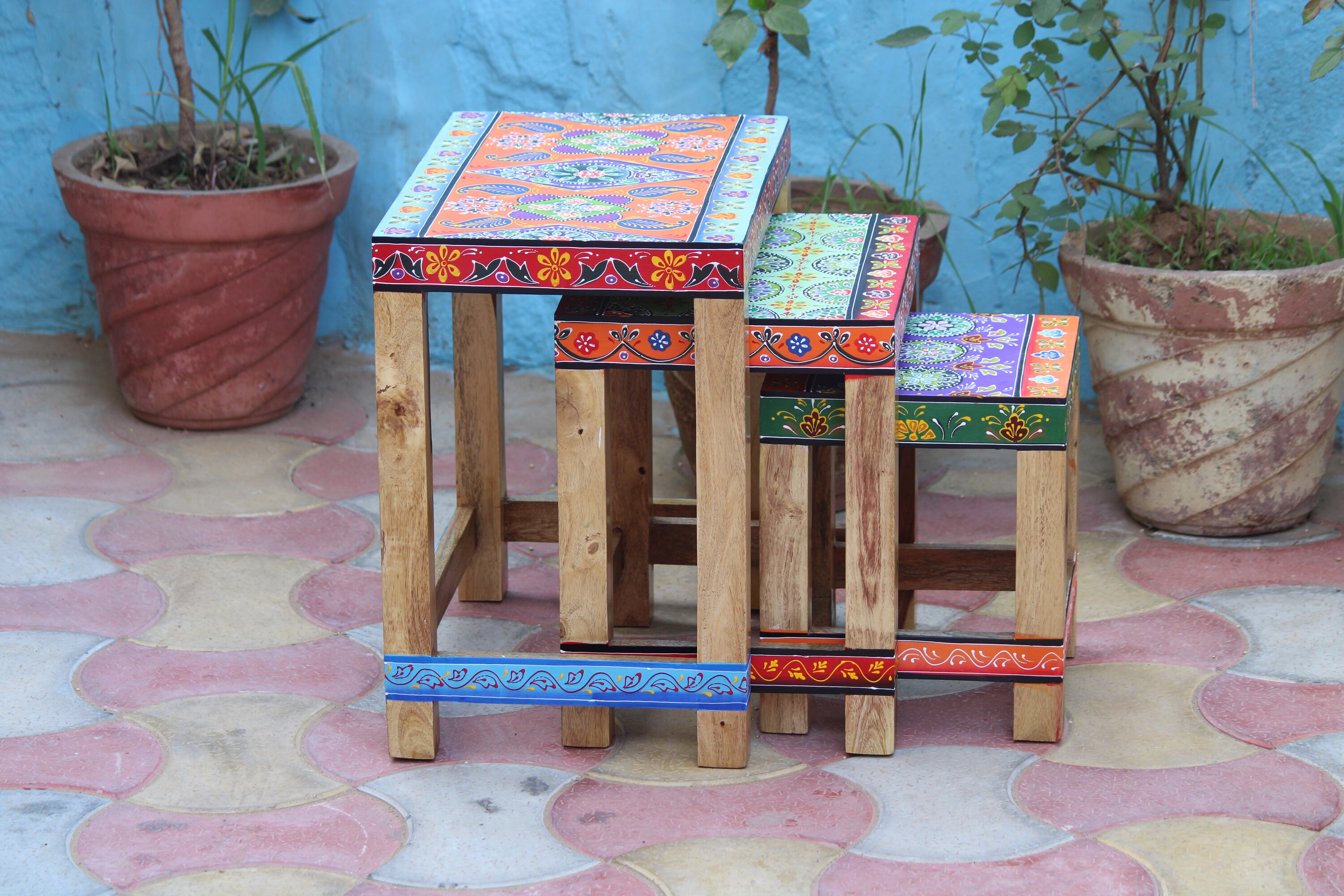 Wooden Solid Wood Console Table Set of 3,painted Nesting Stool With Polished,home Decor Coffee ...