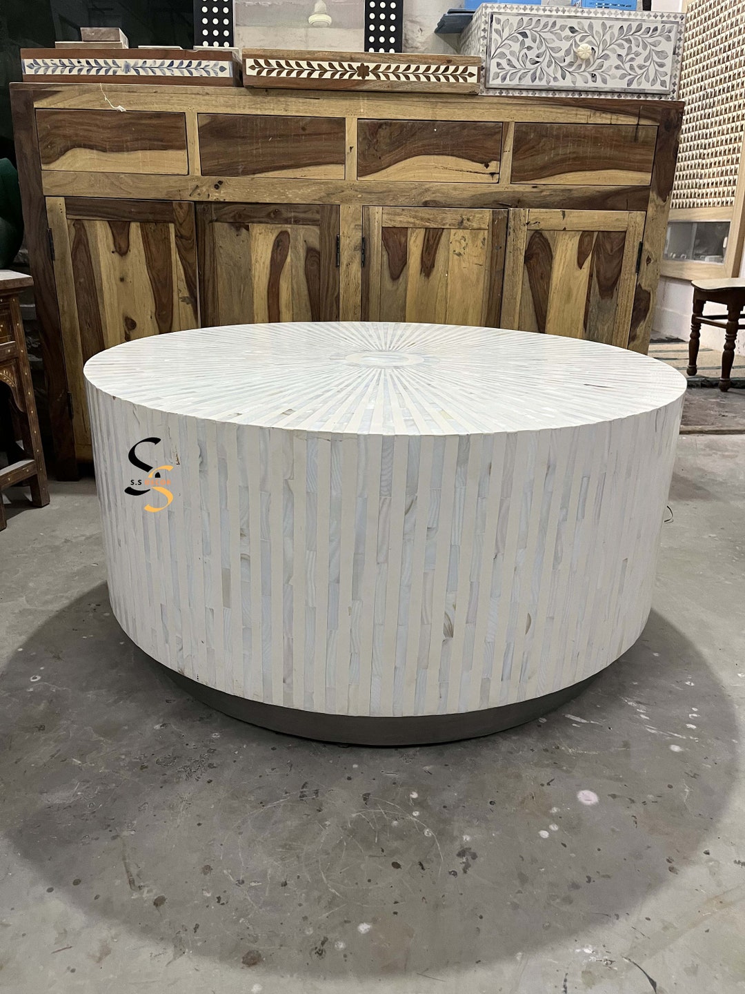 Wooden Bone Inlay Round Coffee Table,bone Inlay Cocktail Table,white ...