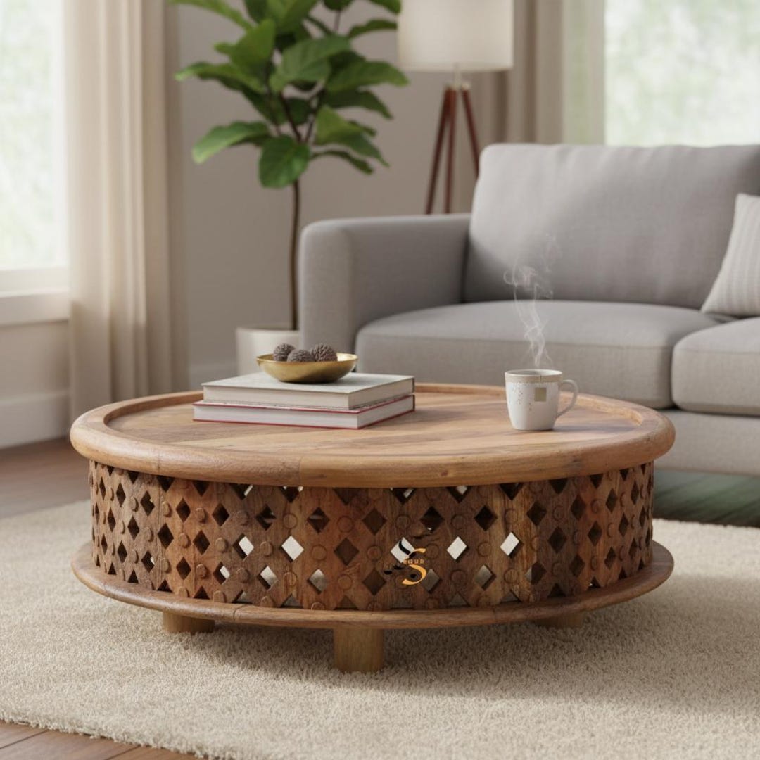 Mango Wood Round Coffee Table, Lattice Carved Folding Legs, Boho Decor ...