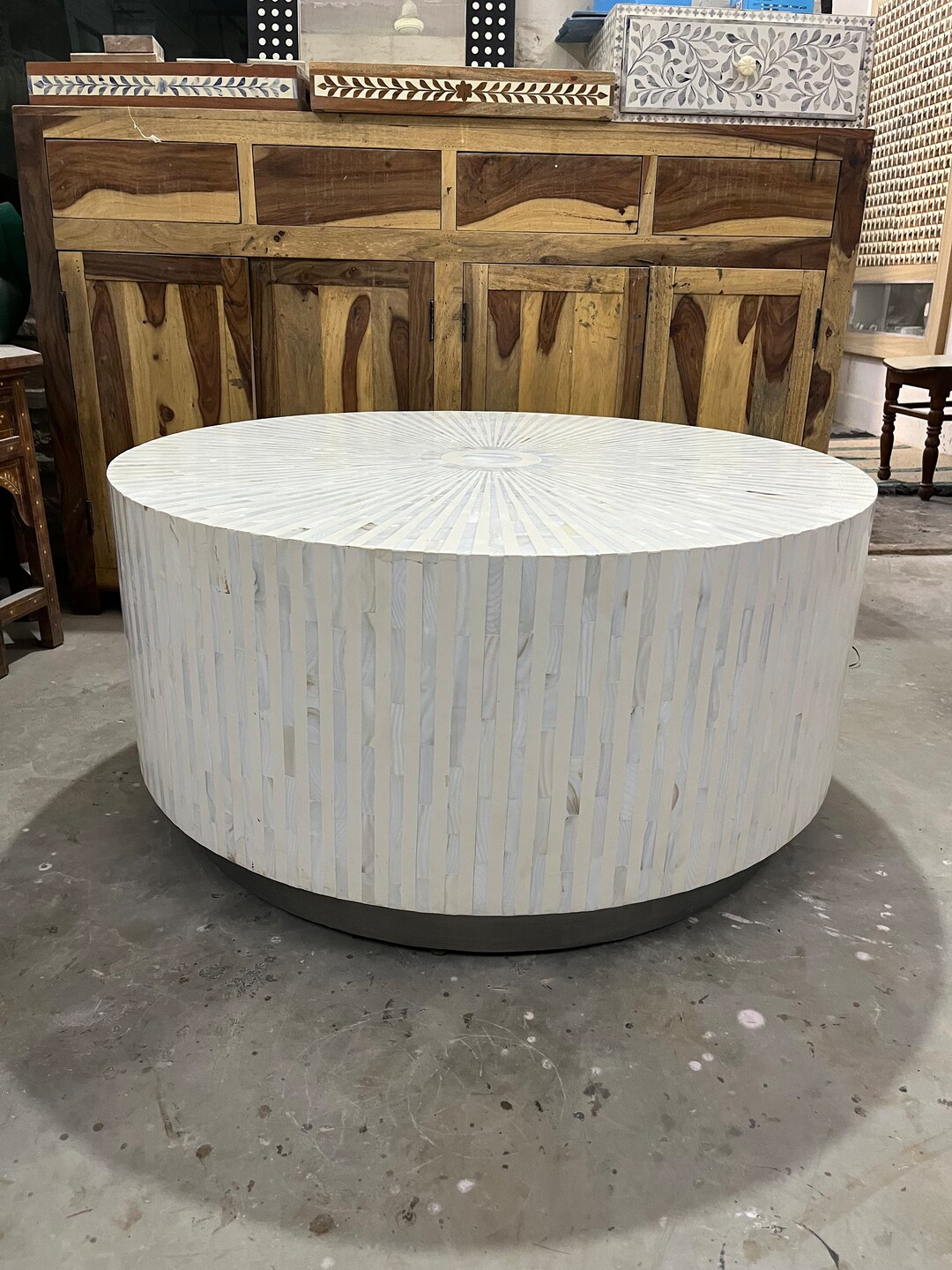 Wooden Bone Inlay Round Coffee Table,bone Inlay Cocktail Table,white ...