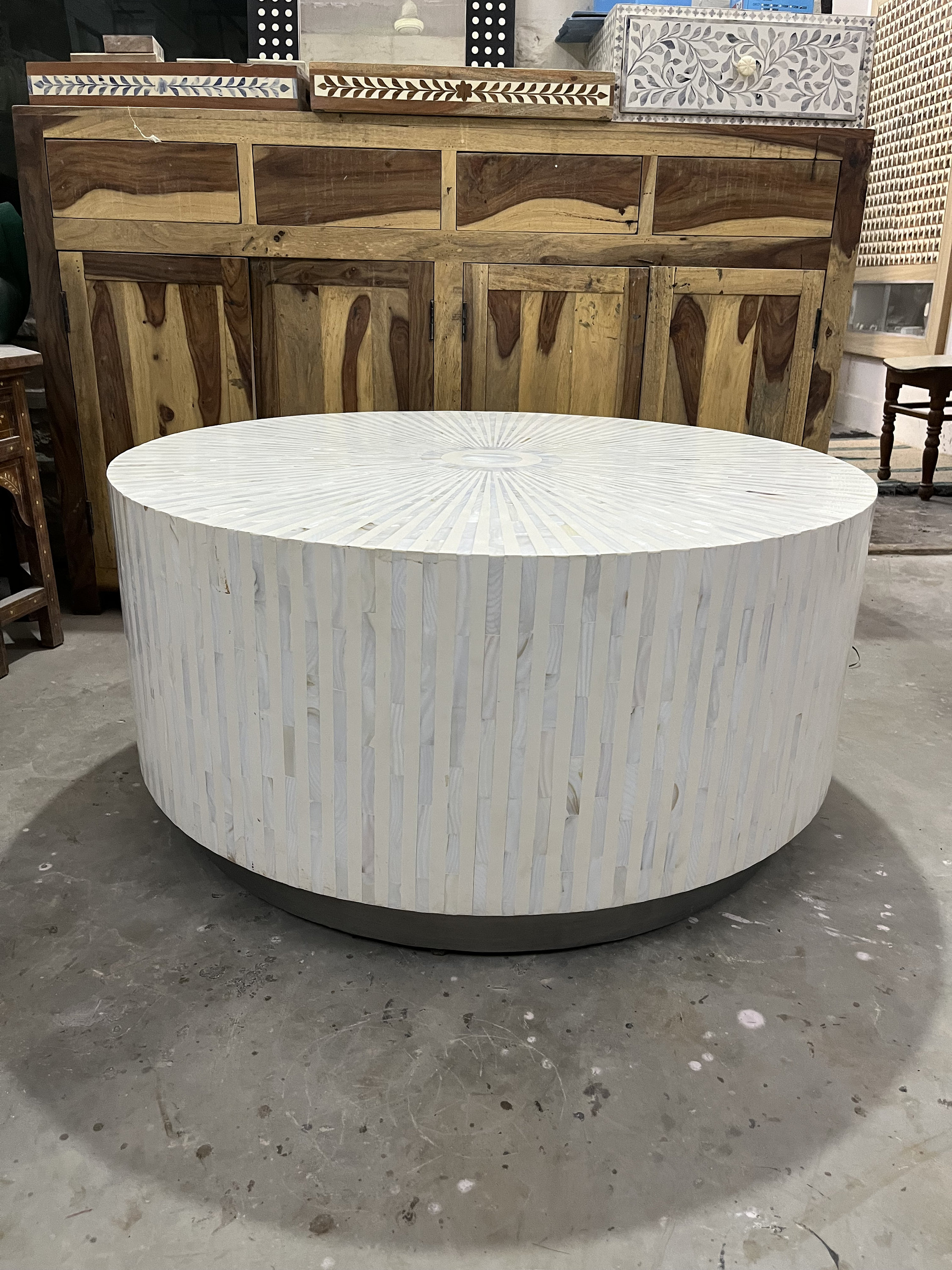 Wooden Bone Inlay Round Coffee Table,bone Inlay Cocktail Table,white ...