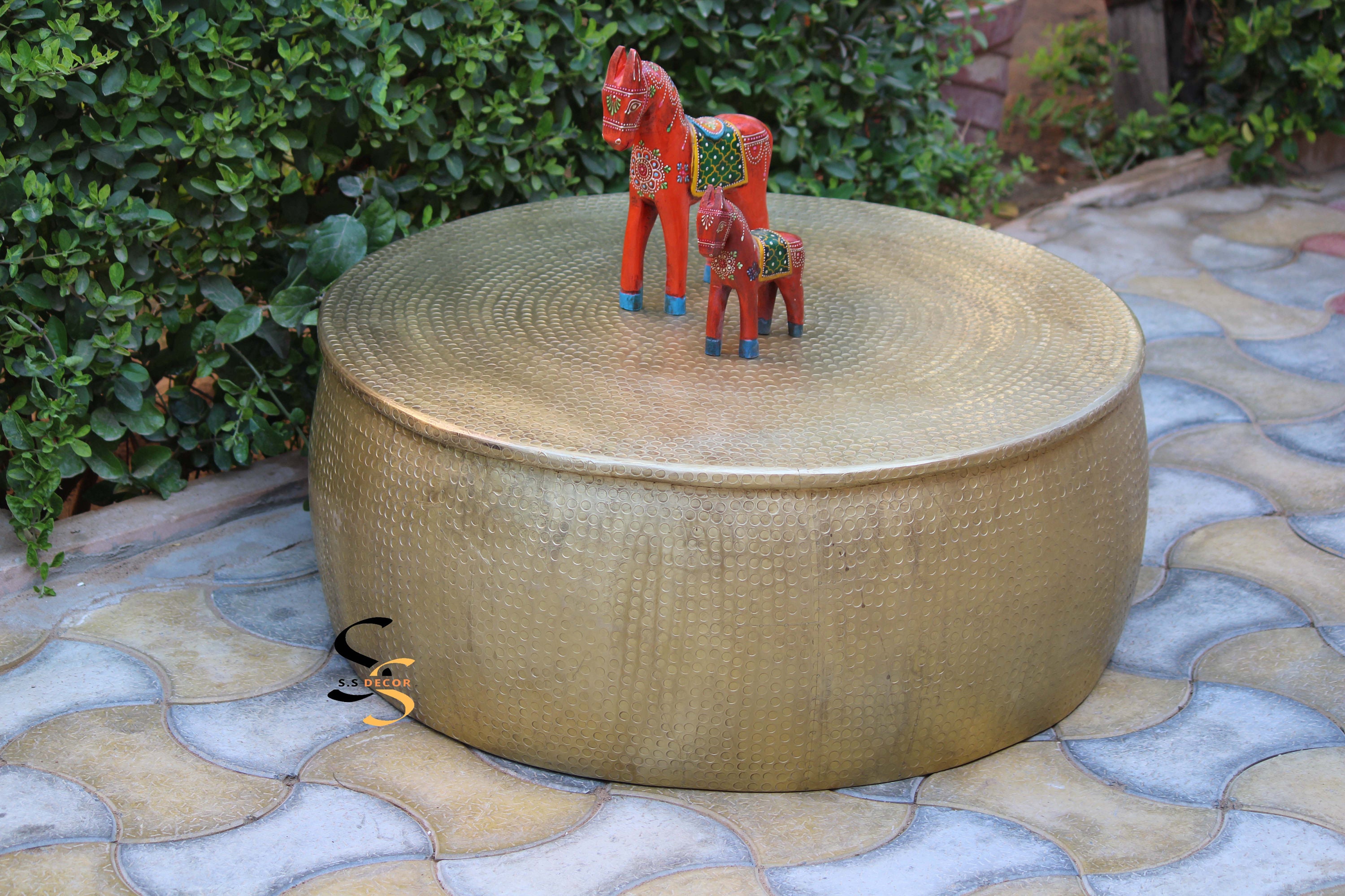 Wooden Round Full Brass Fitted With Hammer Design Coffee Table solid Mango Wood Drum Cocktail Table dining Table Etsy