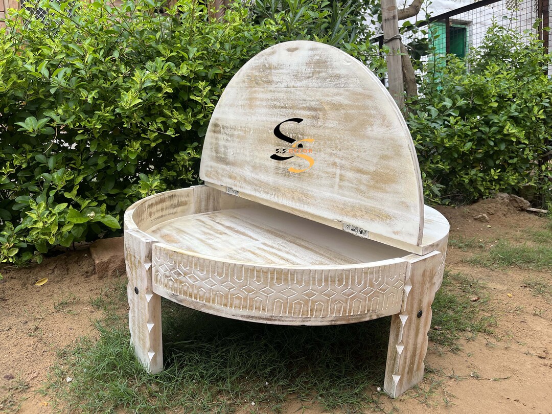 White Distressed Mango Wood Chakki Coffee Table With Door - Etsy