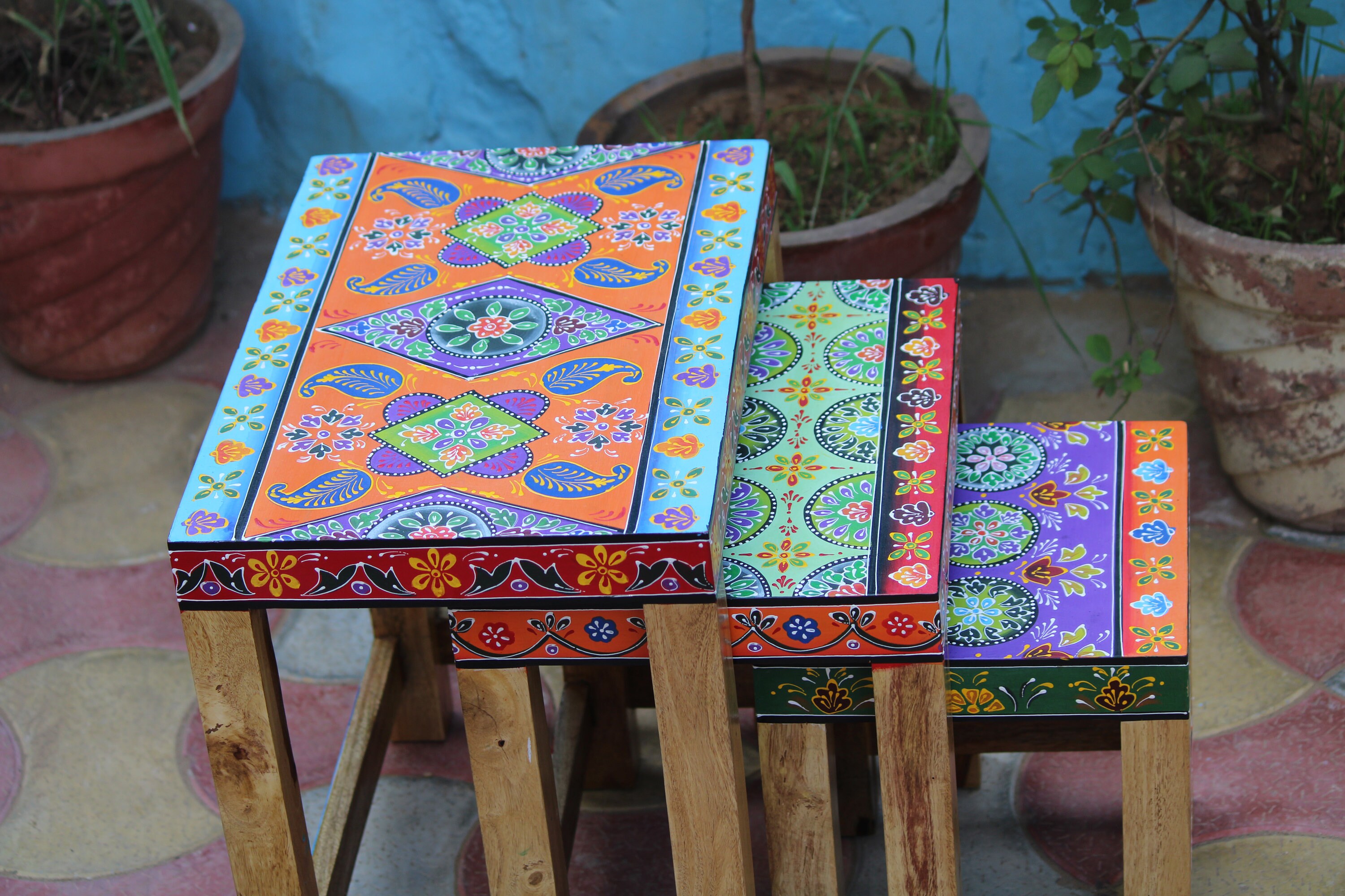 Wooden Solid Wood Console Table Set of 3,painted Nesting Stool With Polished,home Decor Coffee ...