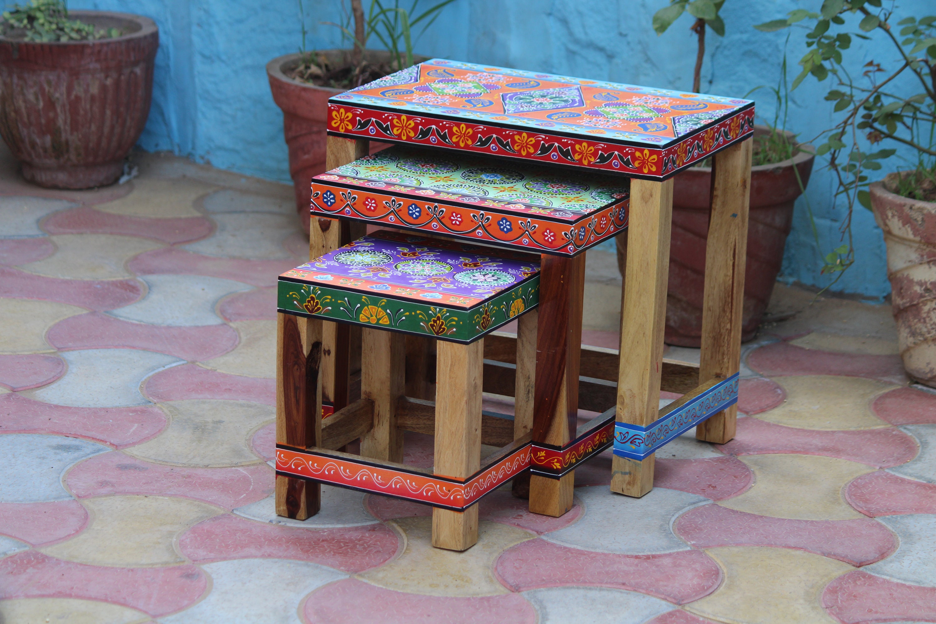Wooden Solid Wood Console Table Set of 3,painted Nesting Stool With Polished,home Decor Coffee ...