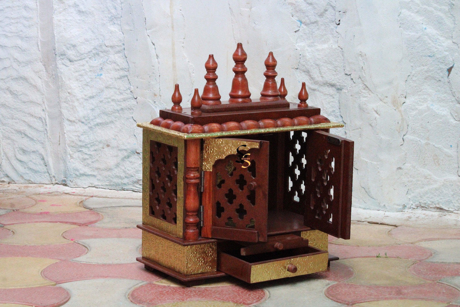 Solid Wood Pooja Mandir, Wooden Poojatemple With Drawers New Designe ...