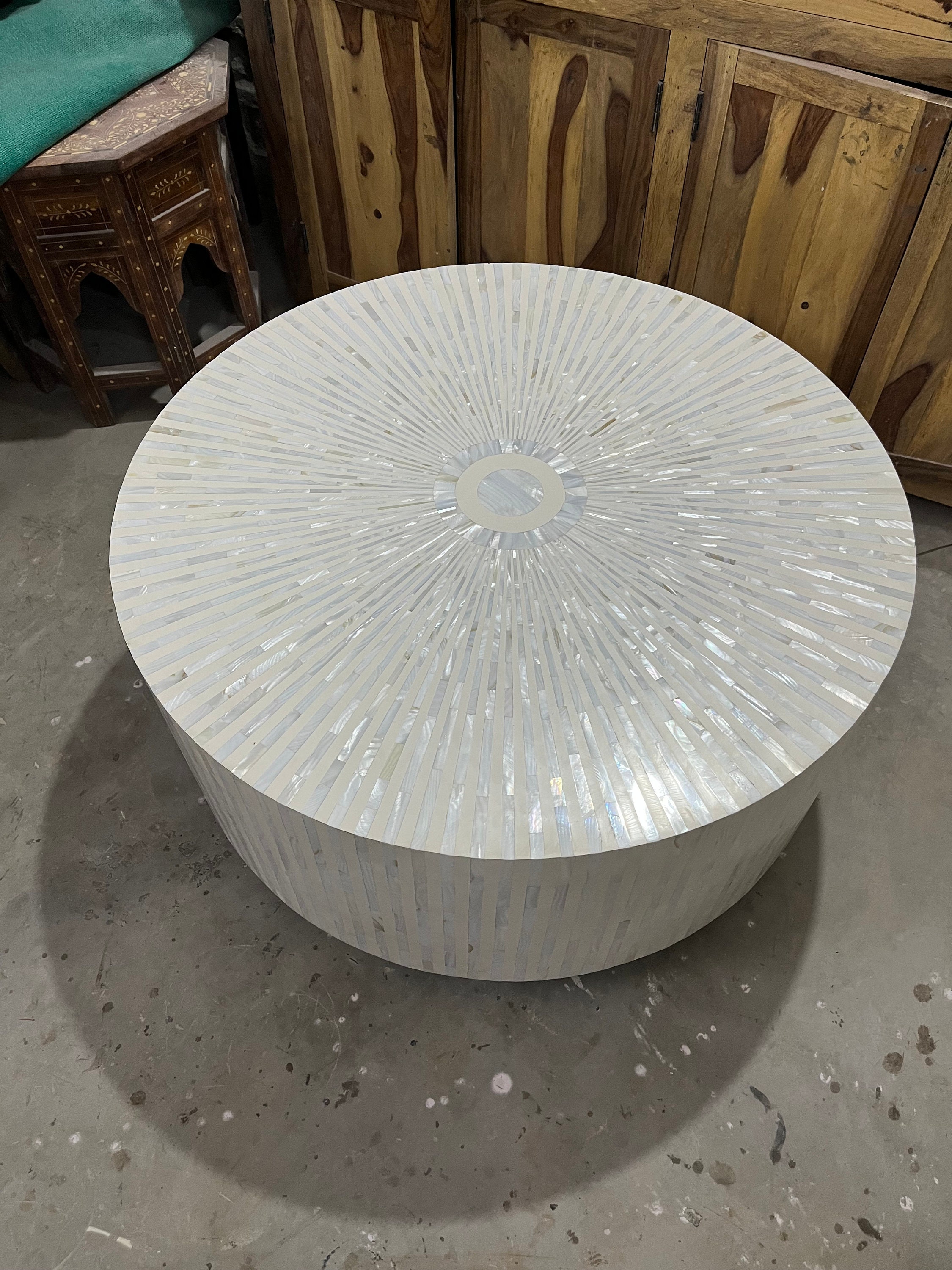 Wooden Bone Inlay Round Coffee Table,bone Inlay Cocktail Table,white ...