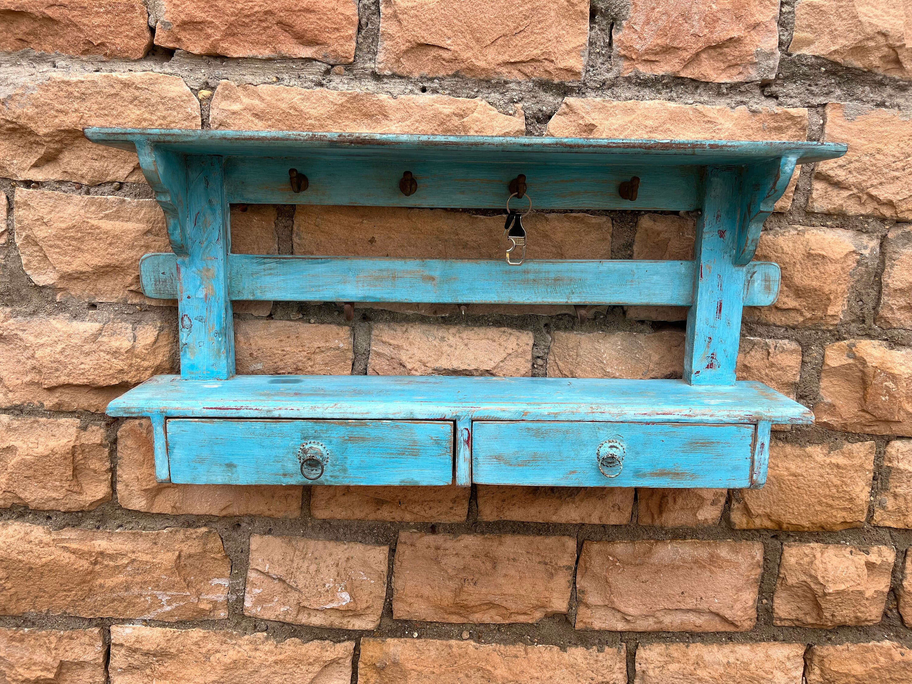 Wooden Solid Wood Blue Color Wall Hanging Key Holder and Chest - Etsy