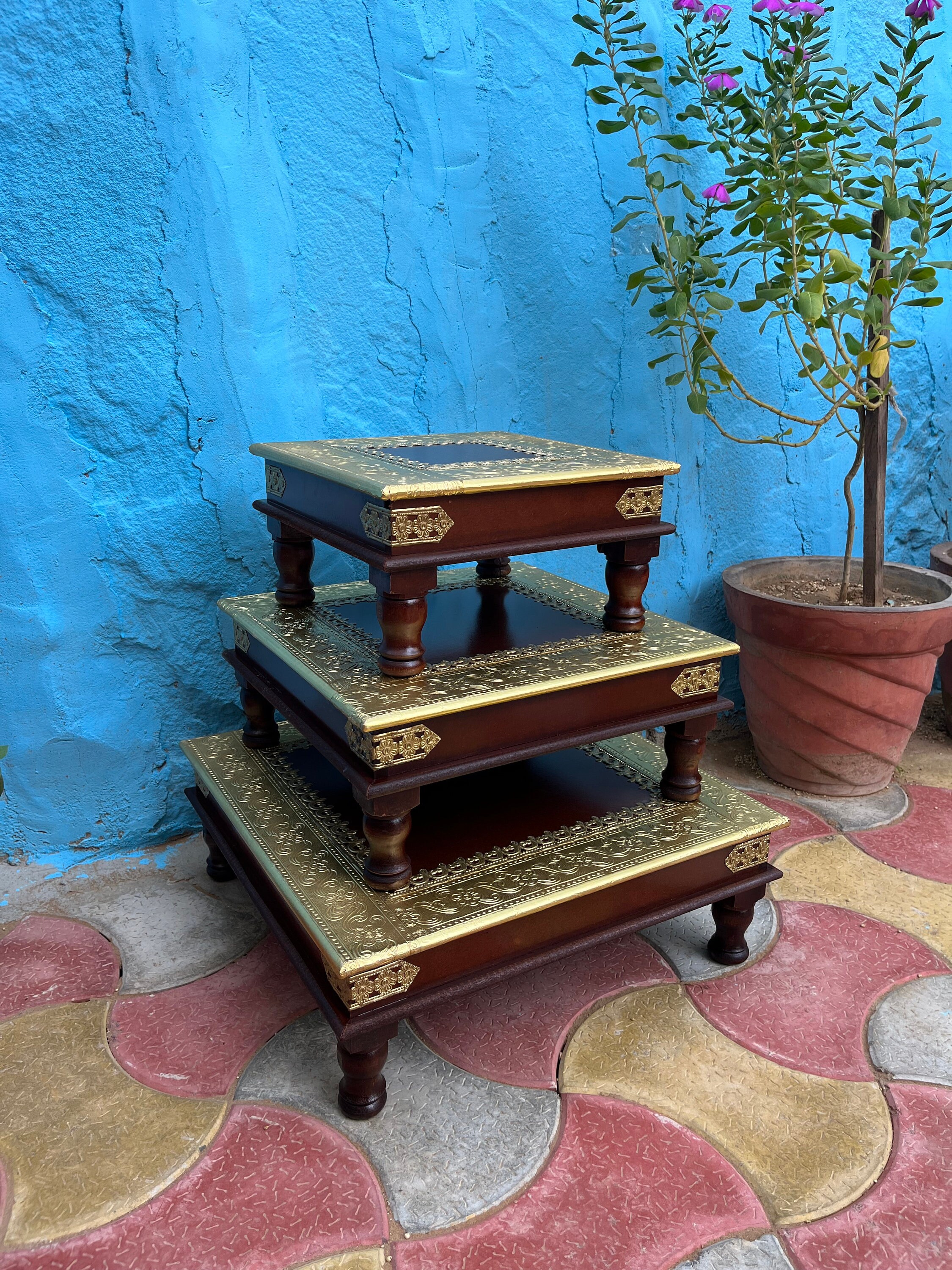 Wooden Bajot Table Indian Solid Wood Chokki Table Set of 3 - Etsy