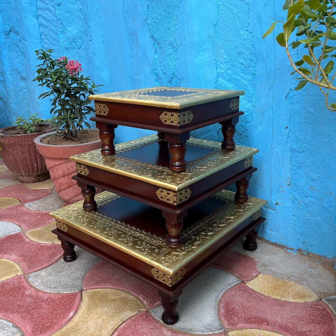 Wooden Bajot Table, Indian Solid Wood Chokki Table Set of 3 , Brass ...