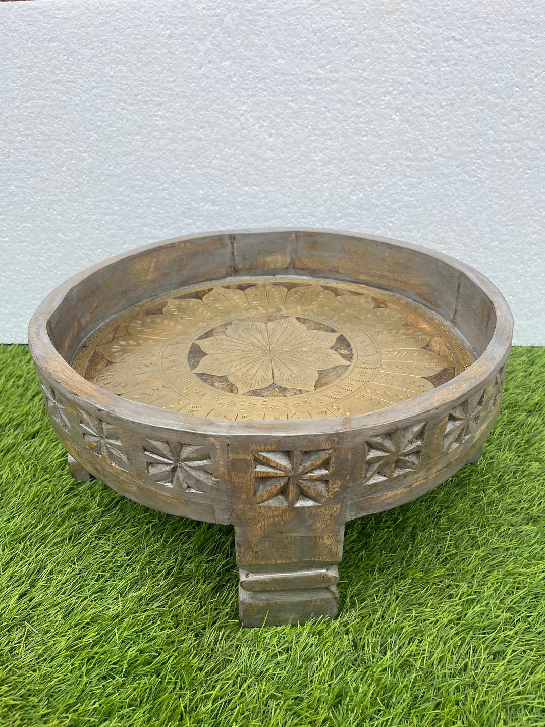 Wooden Round Chakki Table With Brass Fitted and Panching, Solid Wood ...