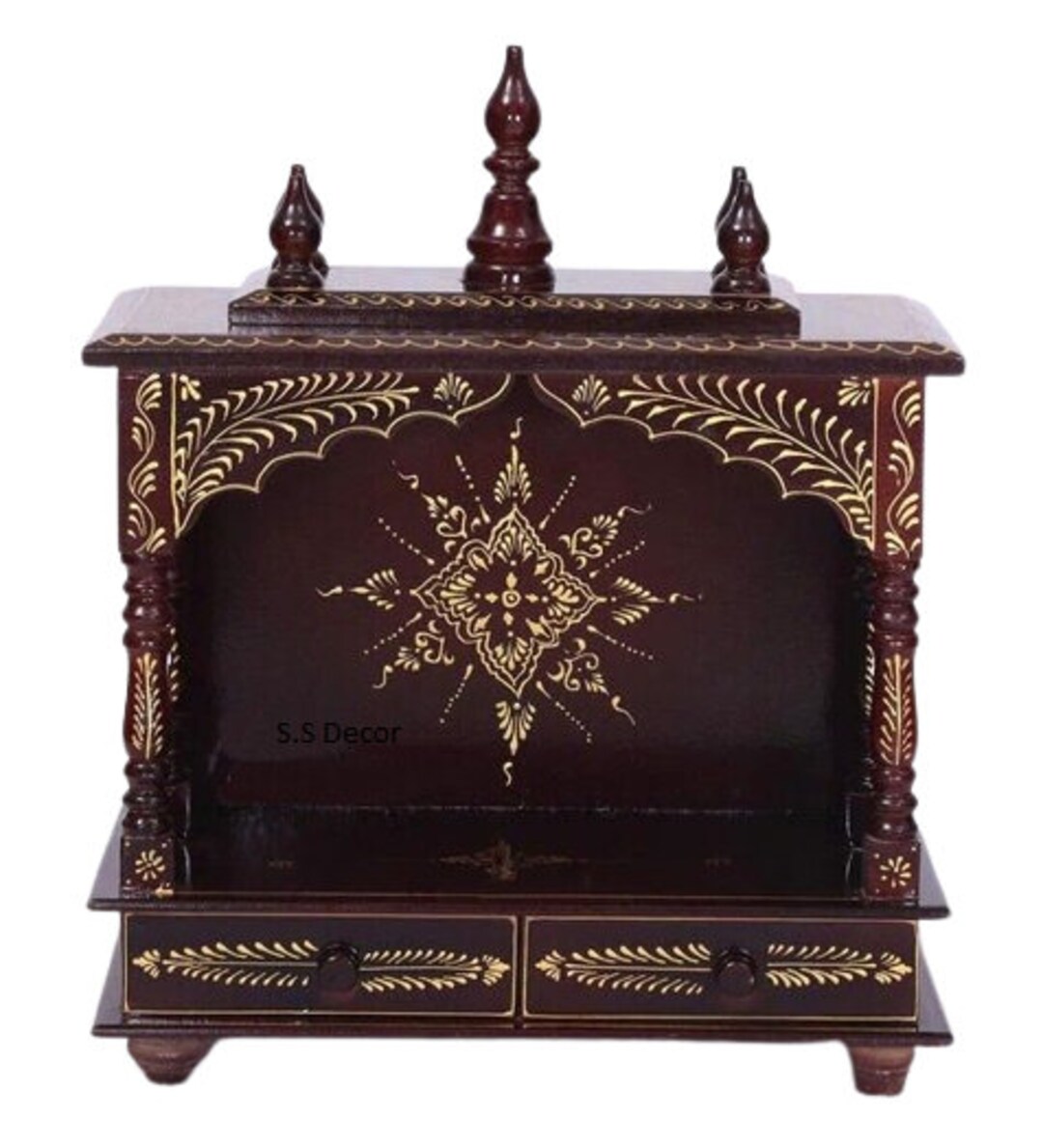 Solid Wood Pooja Mandir, Wooden Poojatemple With Drawers New Designe Painted Temple for Home ...
