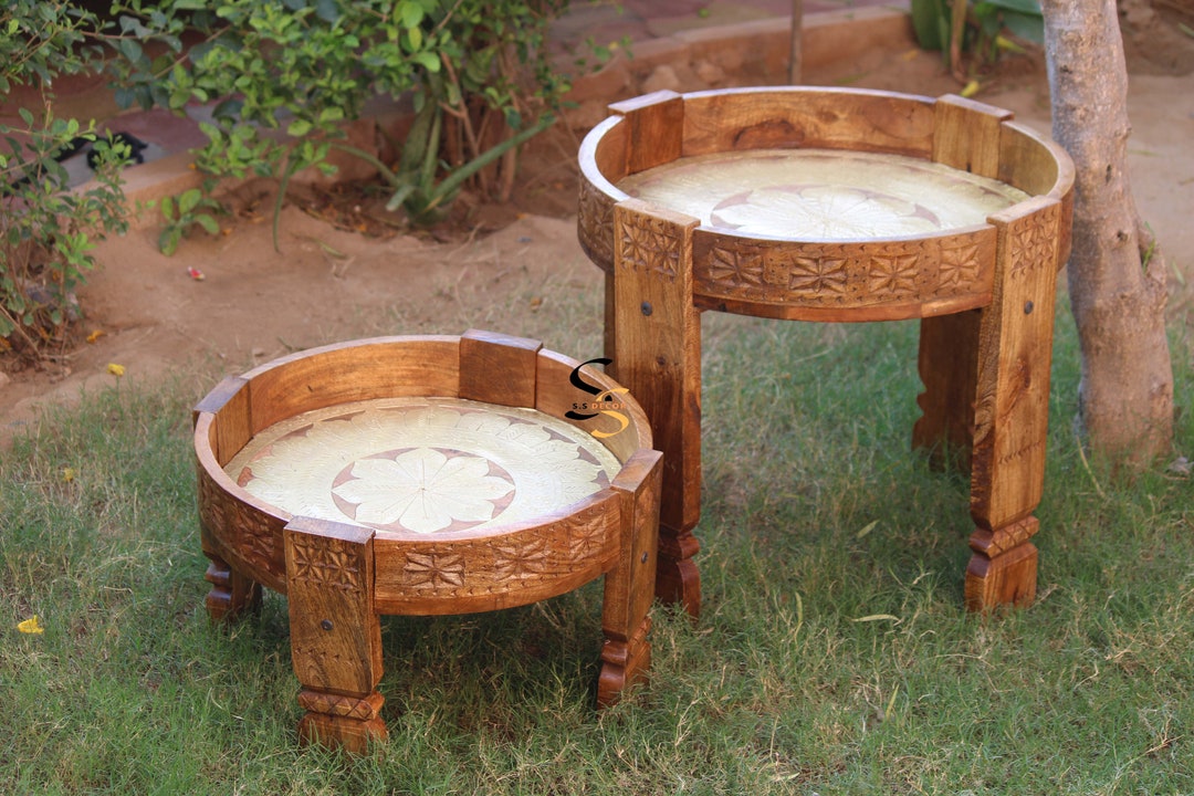 Mango Wood Chakki Table Set, Ethnic Brass Inlay Planters - Etsy