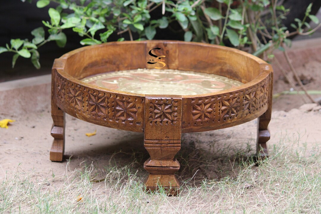 Wooden Art Chakki Table | Handcrafted Mango Wood Round Coffee Table ...