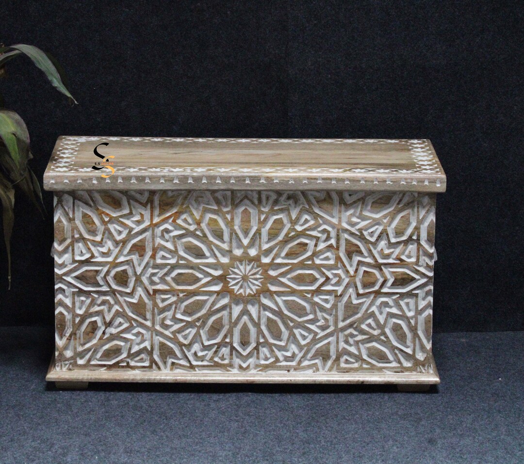Indian Wooden Beautiful Solid Mango Wood Carved Trunk Storage Box for ...