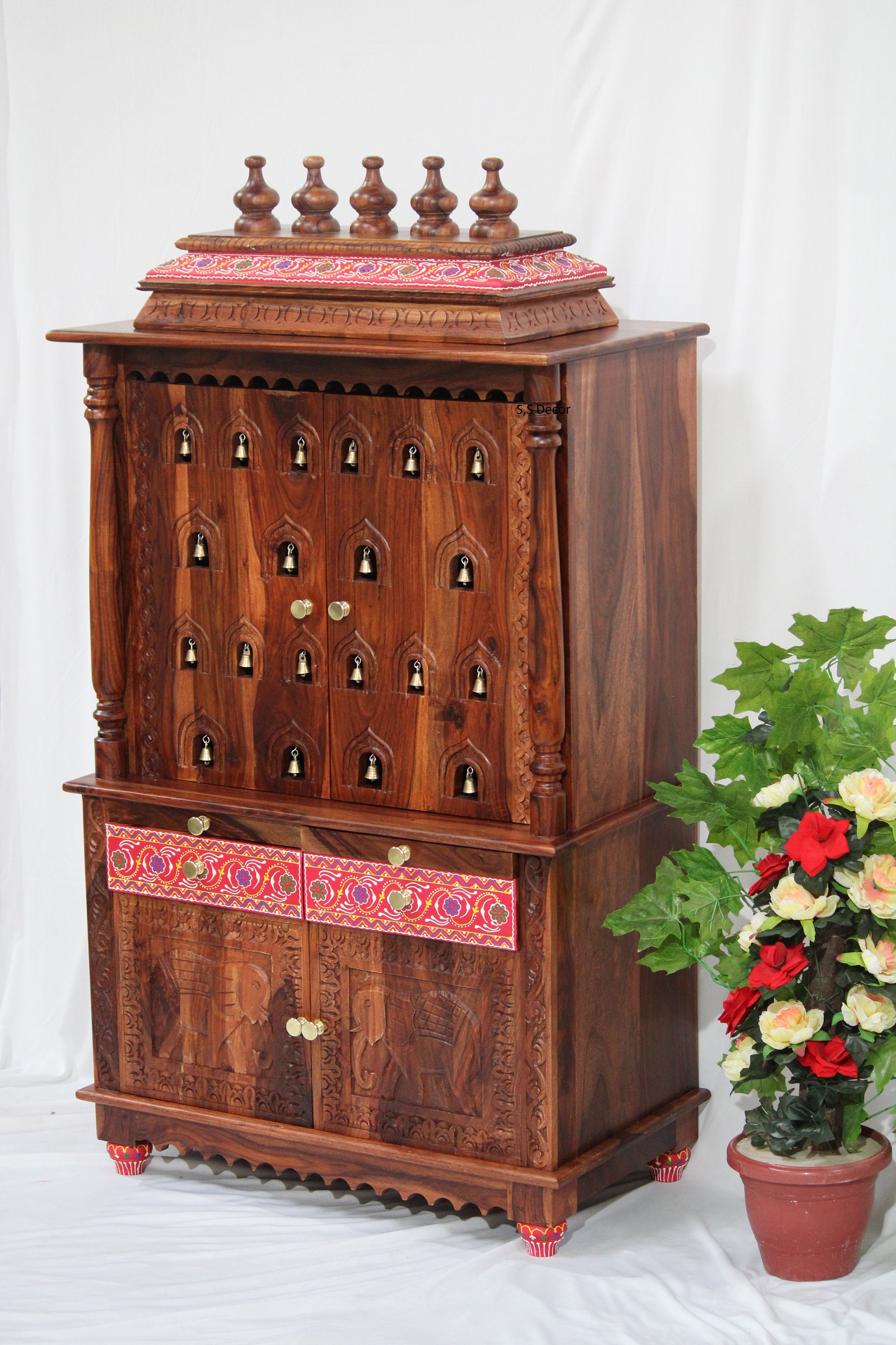 Wooden Solid Wood Home Decor Mandir Pooja Temple Polished And Painted Mandir Pooja Ghar With Brass Bells